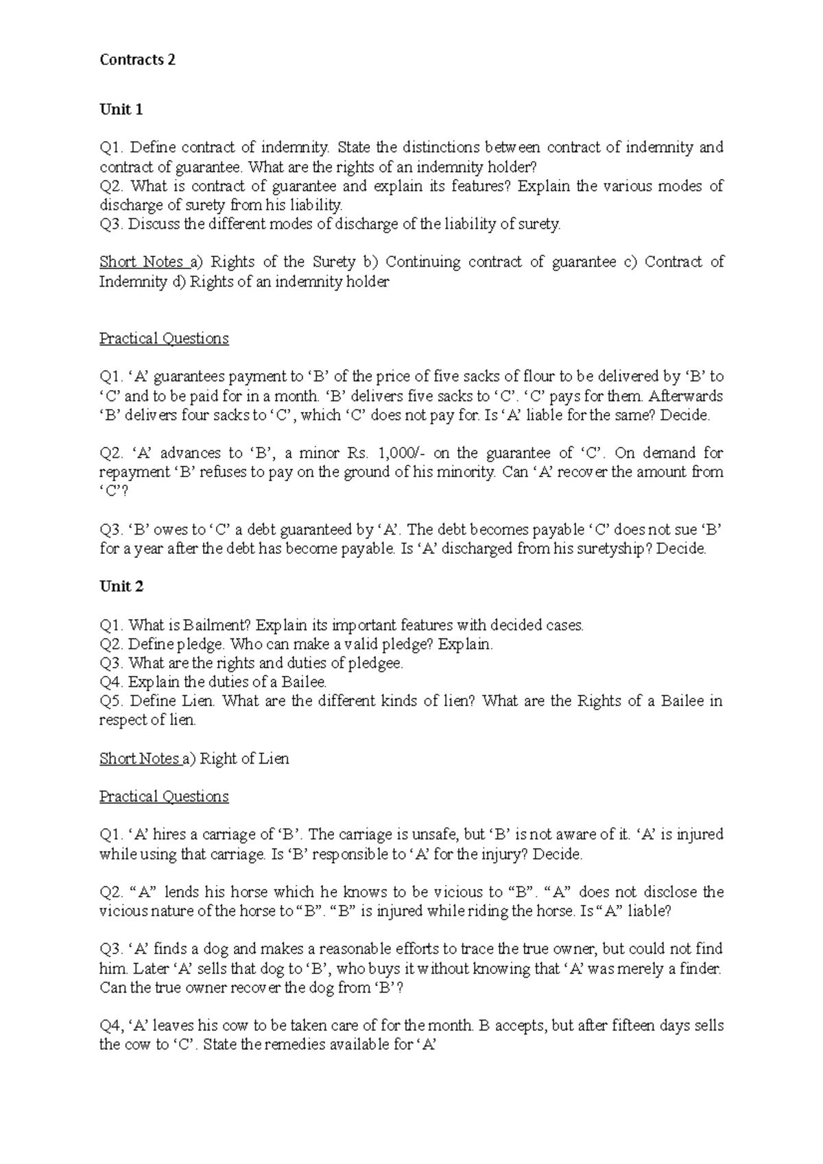 Contracts 2 - questions - Contracts 2 Unit 1 Q1. Define contract of ...