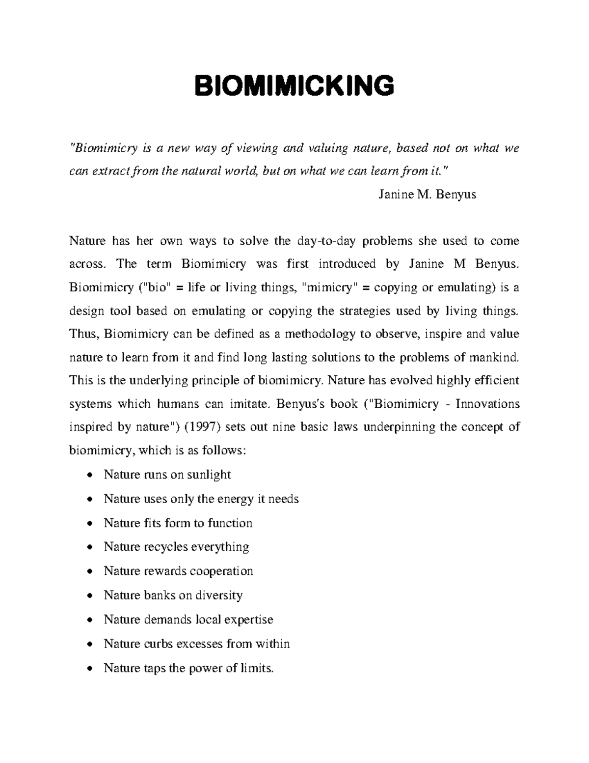 Biomimicking - BIOMIMICKING "Biomimicry is a new way of viewing and ...