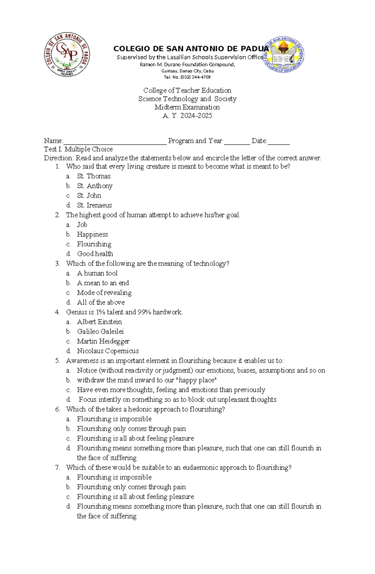 STS midterm Exam 24-25 NO Answer - COLEGIO DE SAN ANTONIO DE PADUA ...