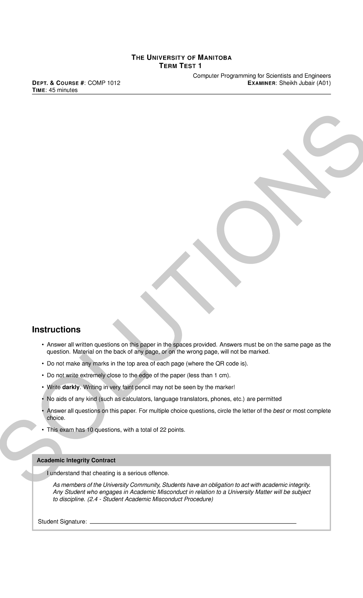 Practice Term Test - Description - SOLUTIONS DEPT. & COURSE #: COMP ...