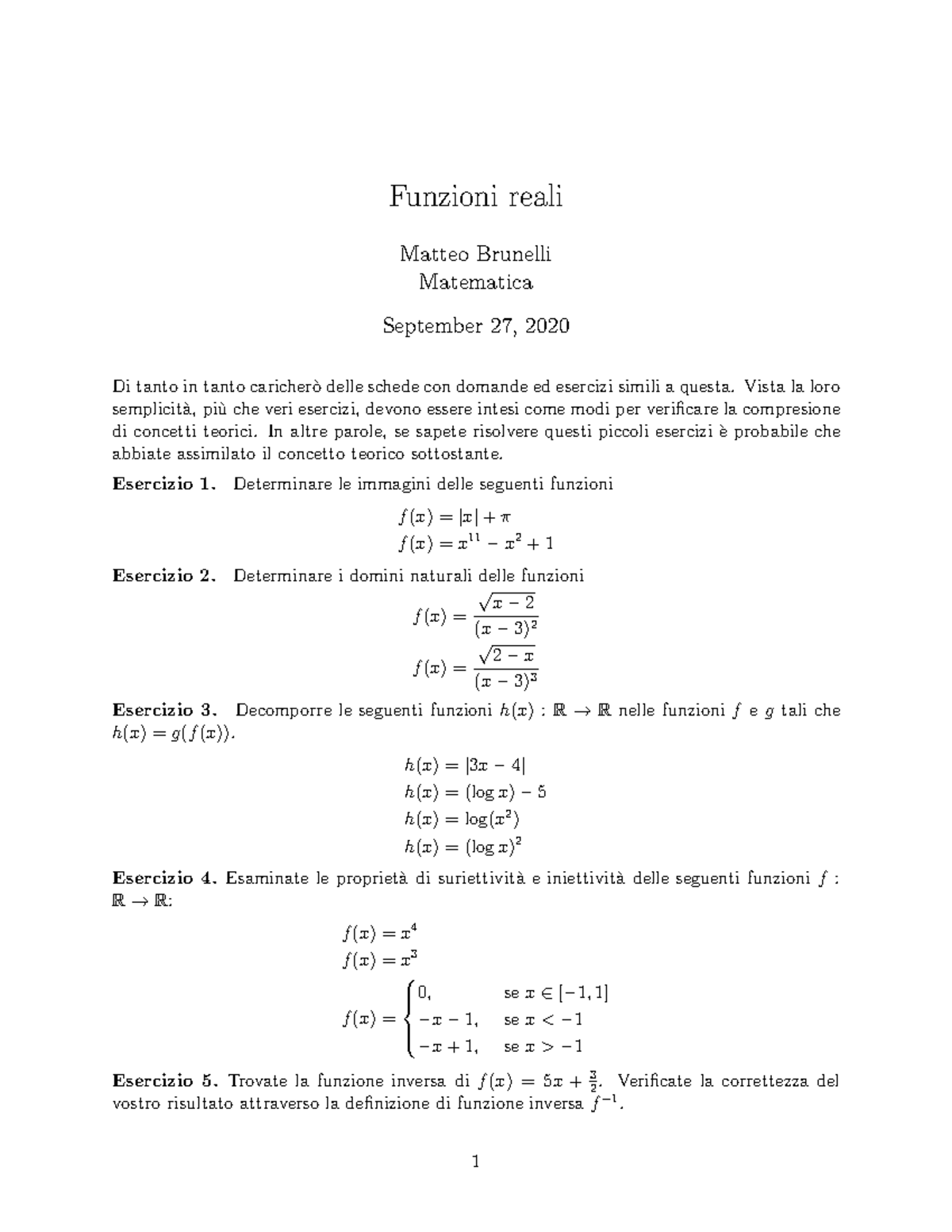 Funzioni reali - esercizi - Matematica - Università di Trento - Studocu