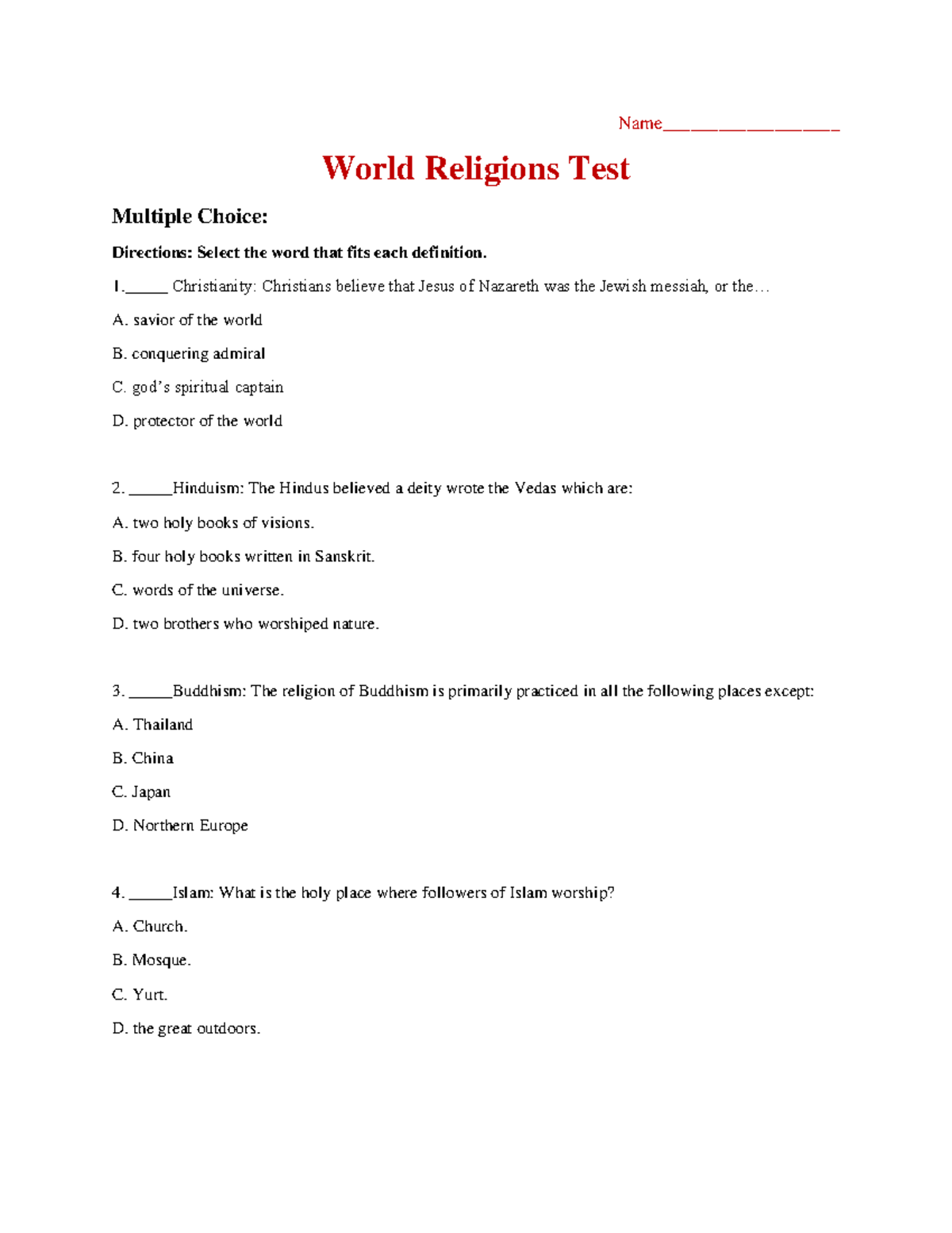 World Religions TEST - Name___________________ World Religions Test ...