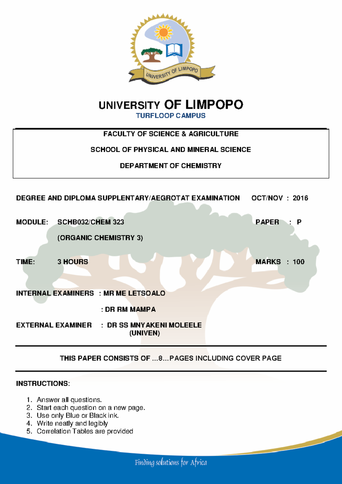 SCHB032 Suppl Exam (2016 ) - UNIVERSITY OF LIMPOPO TURFLOOP CAMPUS ...