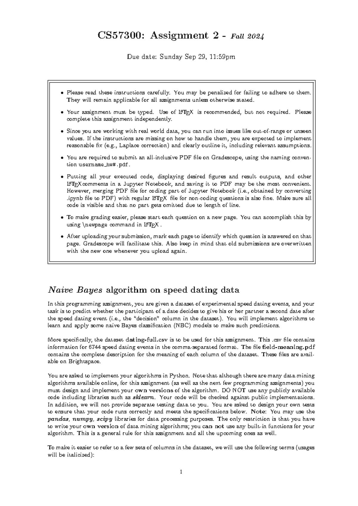 Cs573 hw2 f24 - CS57300: Assignment 2 - Fall 2024 Due date: Sunday Sep 29, 11:59pm Please read ...