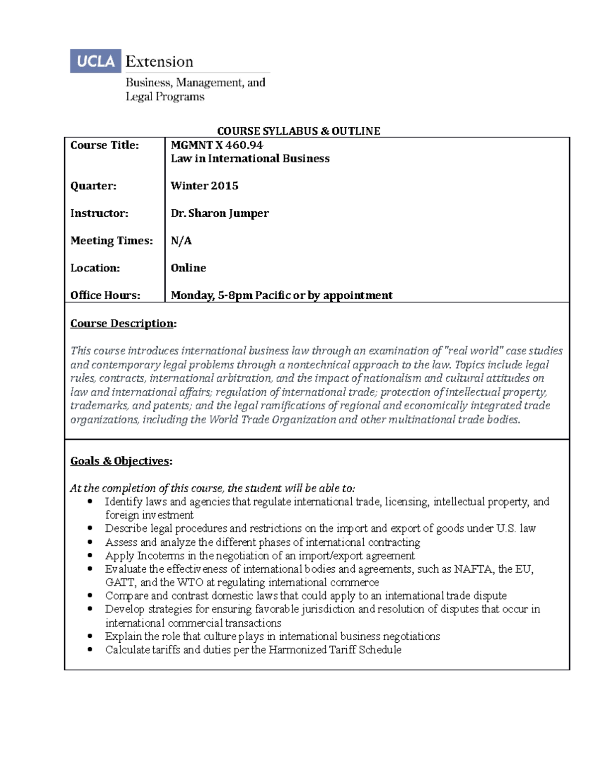 International Business Law Syllabus - COURSE SYLLABUS & OUTLINE Course ...