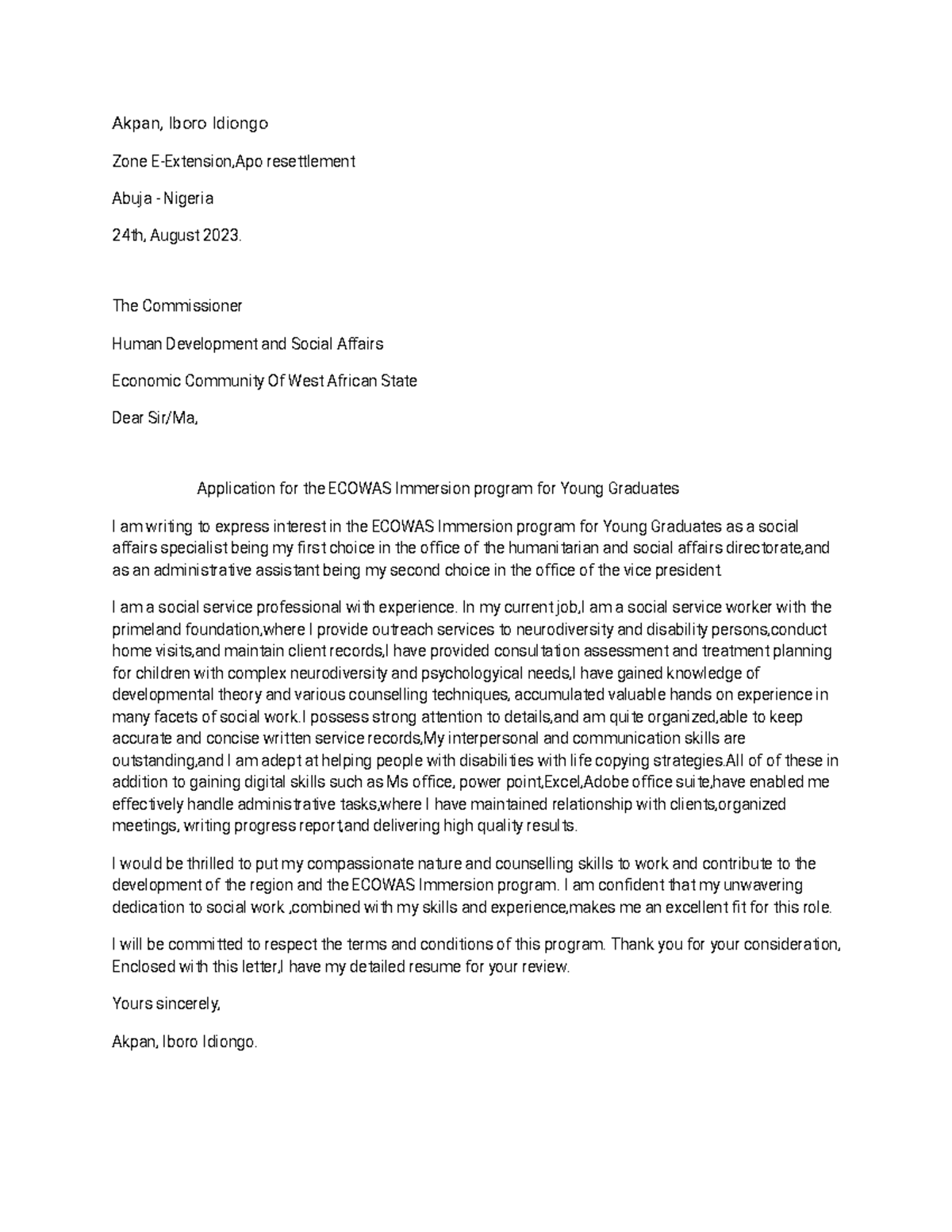 Ecowas Immersion Cover Letter - Akpan, Iboro Idiongo Zone E-Extension ...