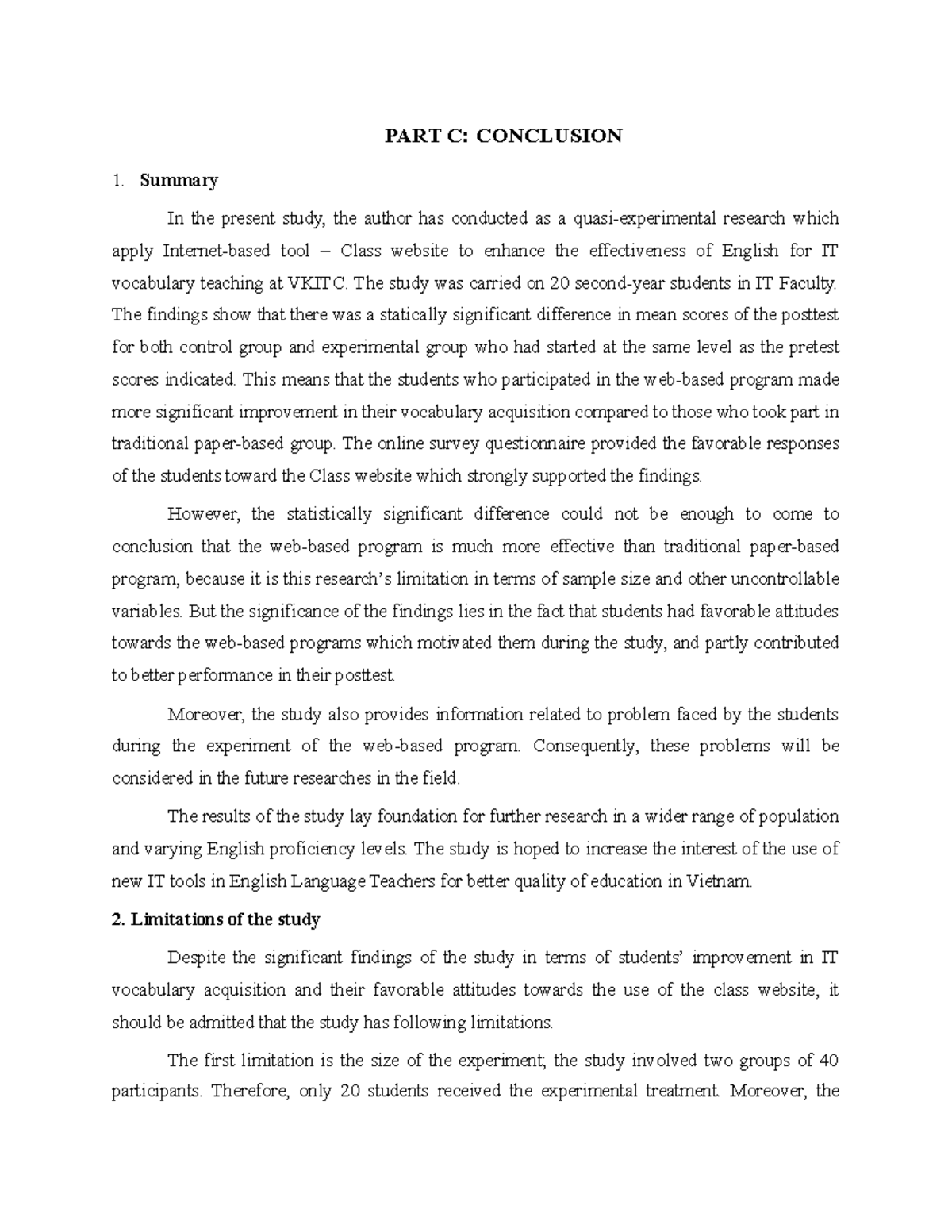 Conclusion Sample 2 - No description - PART C: CONCLUSION Summary In ...