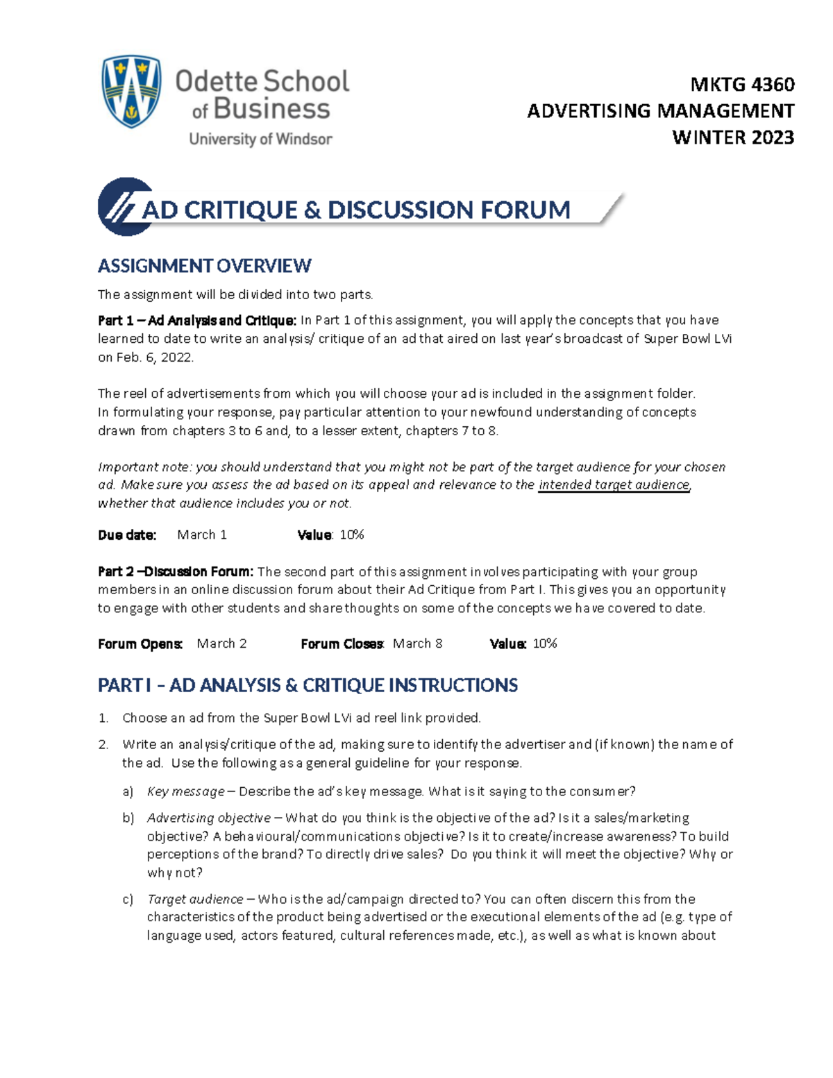 MKTG-4360-91 Ad Critique Instructions W23 - ADVERTISING MANAGEMENT ...