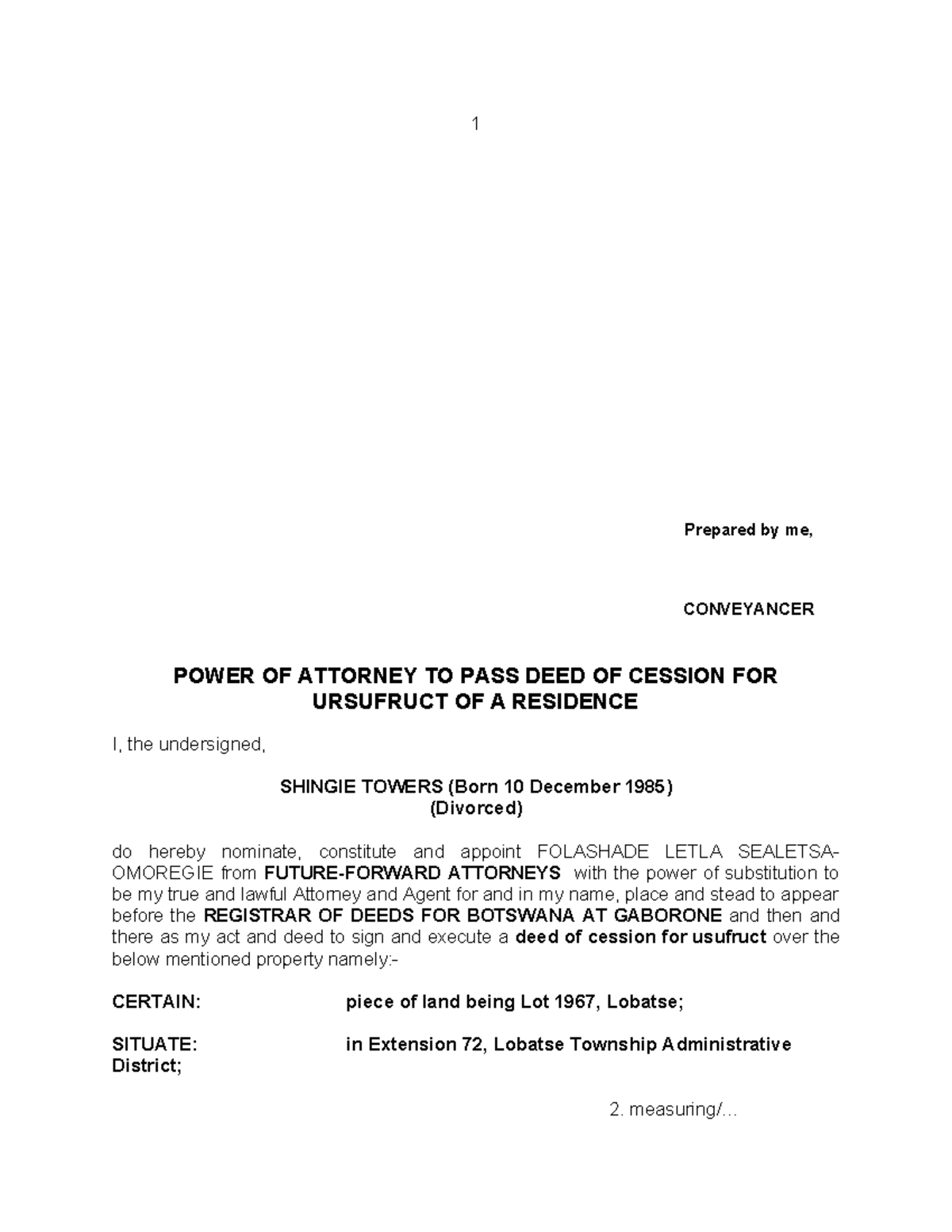 541 Power OF Attorney - notes - 1 Prepared by me, CONVEYANCER POWER OF ...