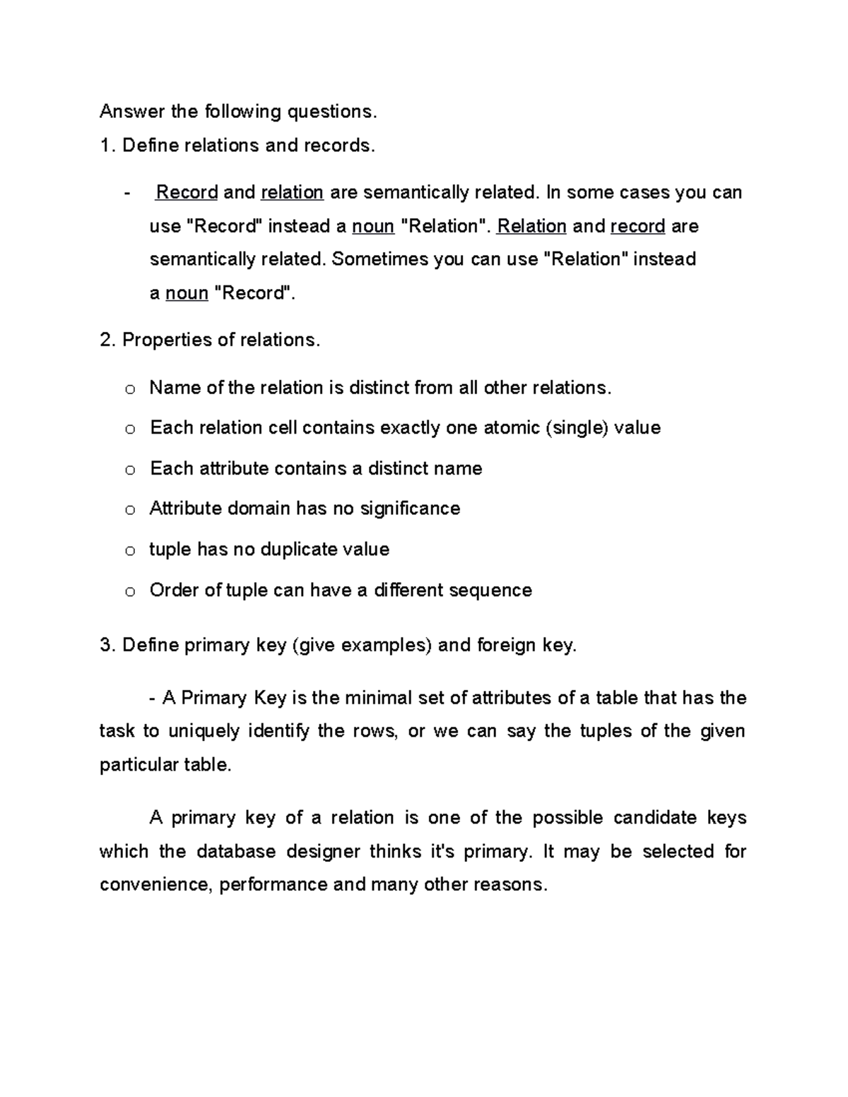 DBMS - DBMS - Answer the following questions. Define relations and ...