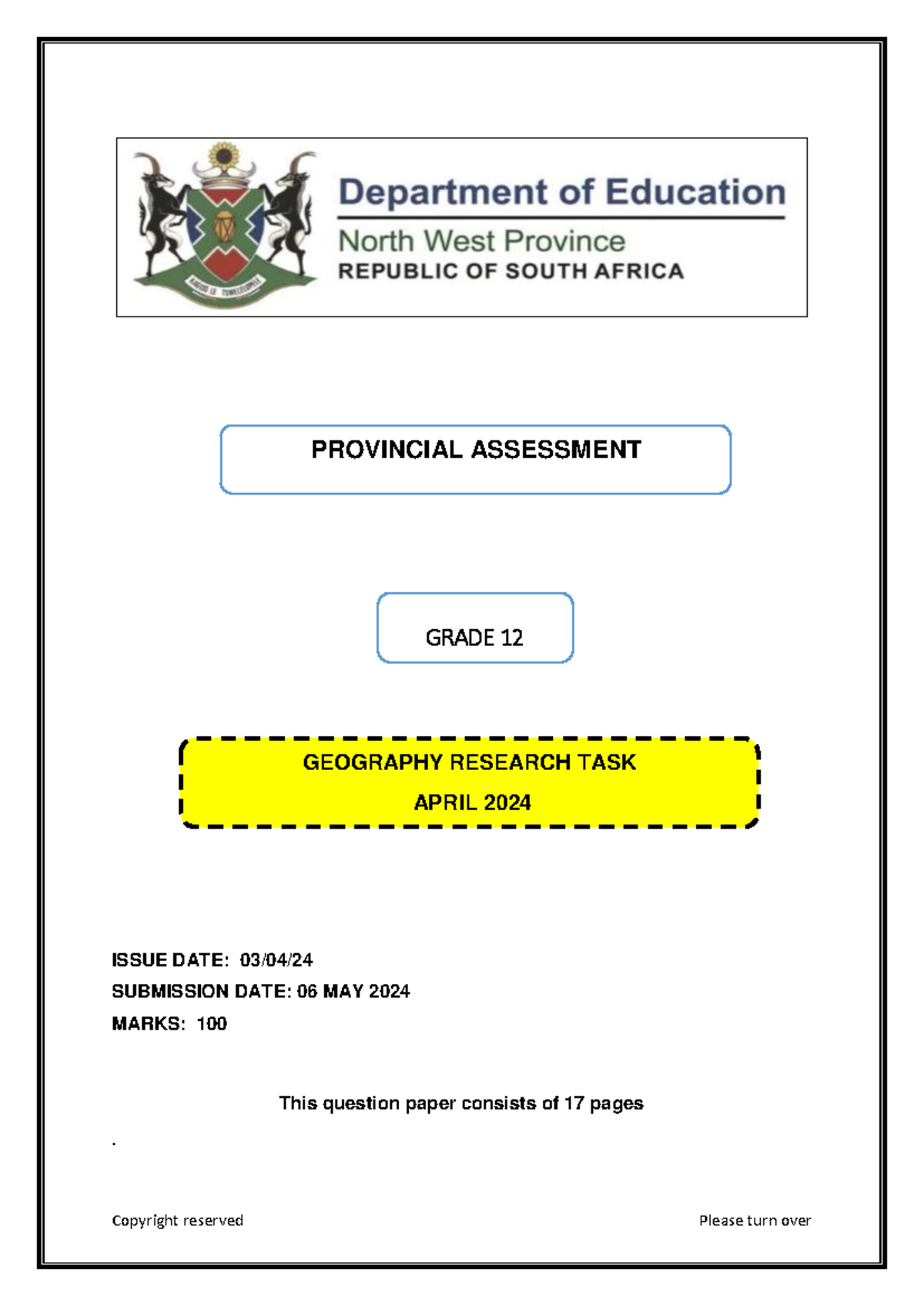 2024 Geo Grade 12 Research Task - ISSUE DATE: 03/04/ SUBMISSION DATE ...