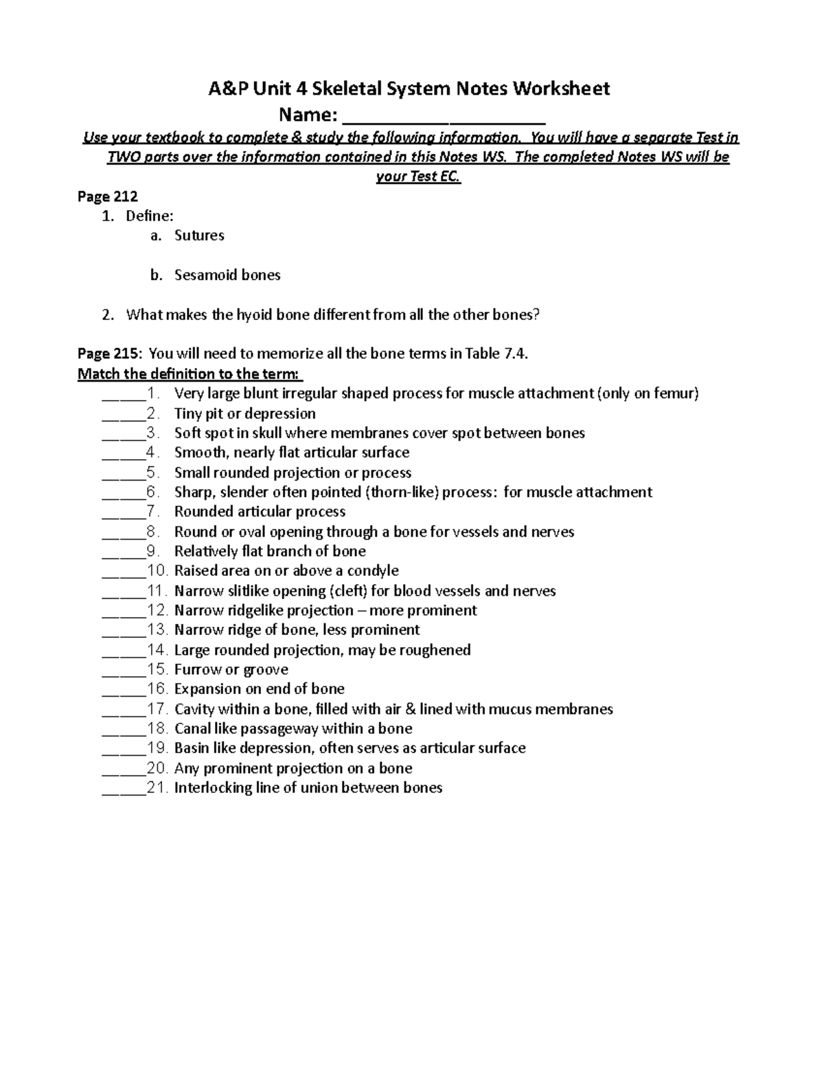 Notes WS - Skeletal System - A&P Unit 4 Skeletal System Notes Worksheet ...