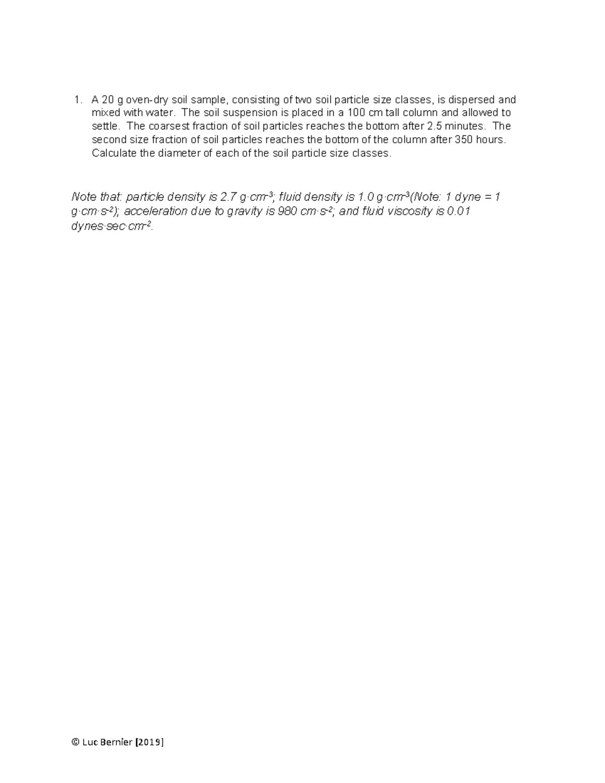 ES 1C03 - Stokes Law Practice Problem - A 20 g oven-dry soil sample ...