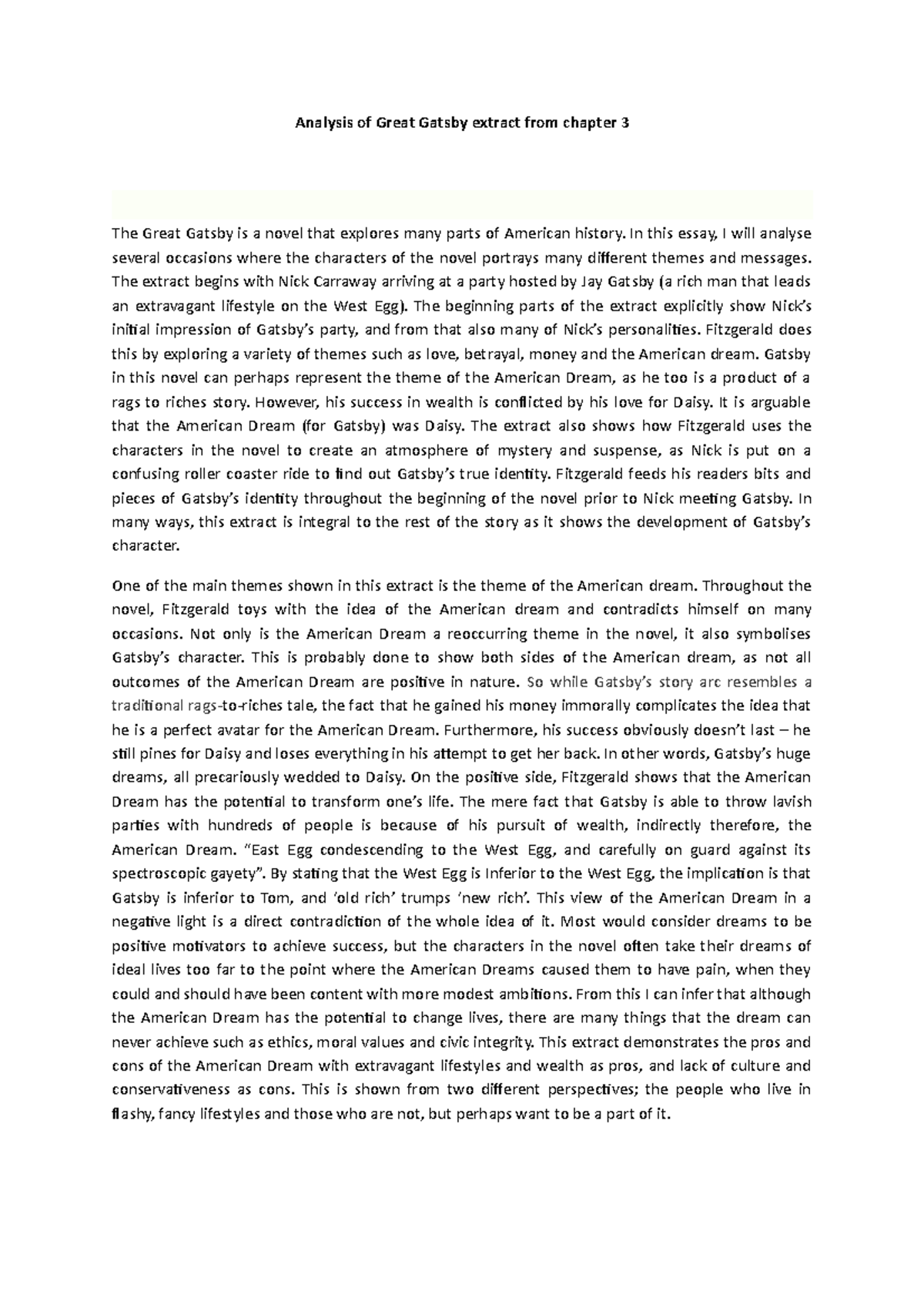Gatsby Extract Analysis - Analysis of Great Gatsby extract from chapter ...