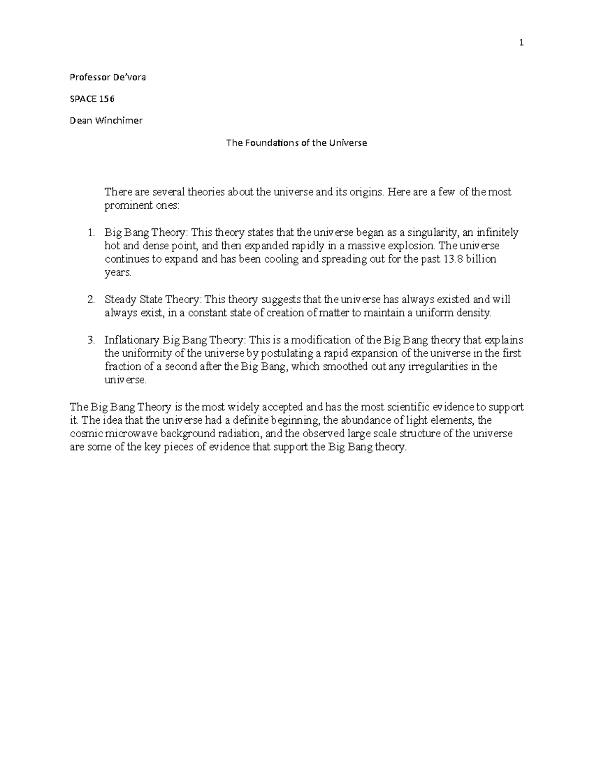 Foundation of the Universe - 1 Professor De’vora SPACE 156 Dean ...