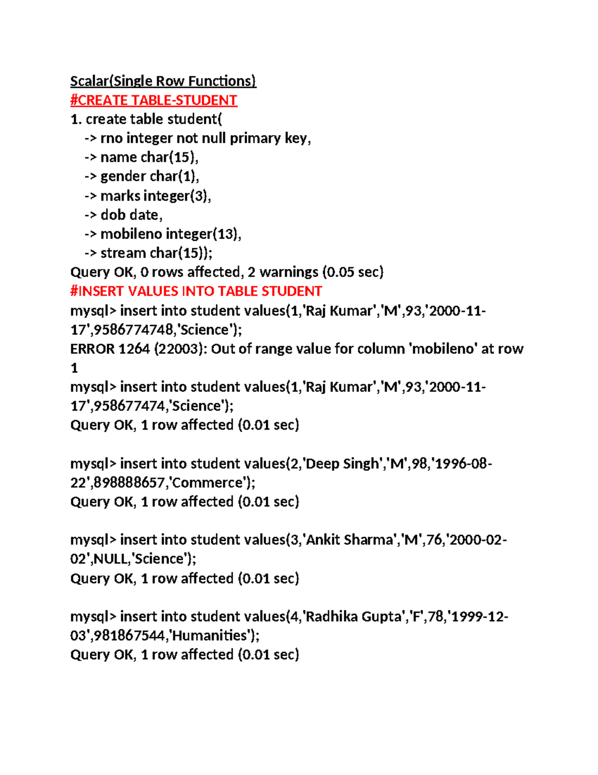 SQL Functions - assignment - Scalar(Single Row Functions) #CREATE TABLE ...