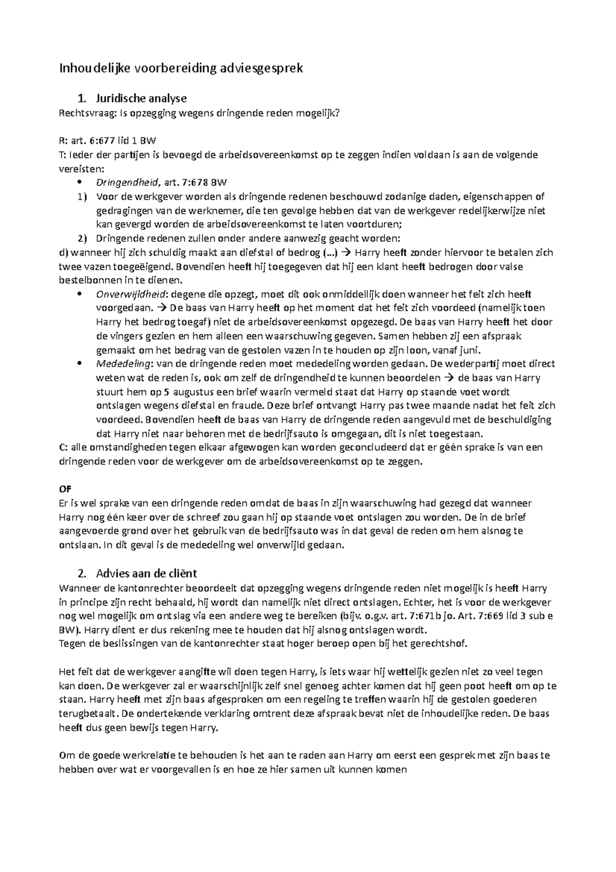Schriftelijke voorbereiding casus adviseren - Inhoudelijke ...