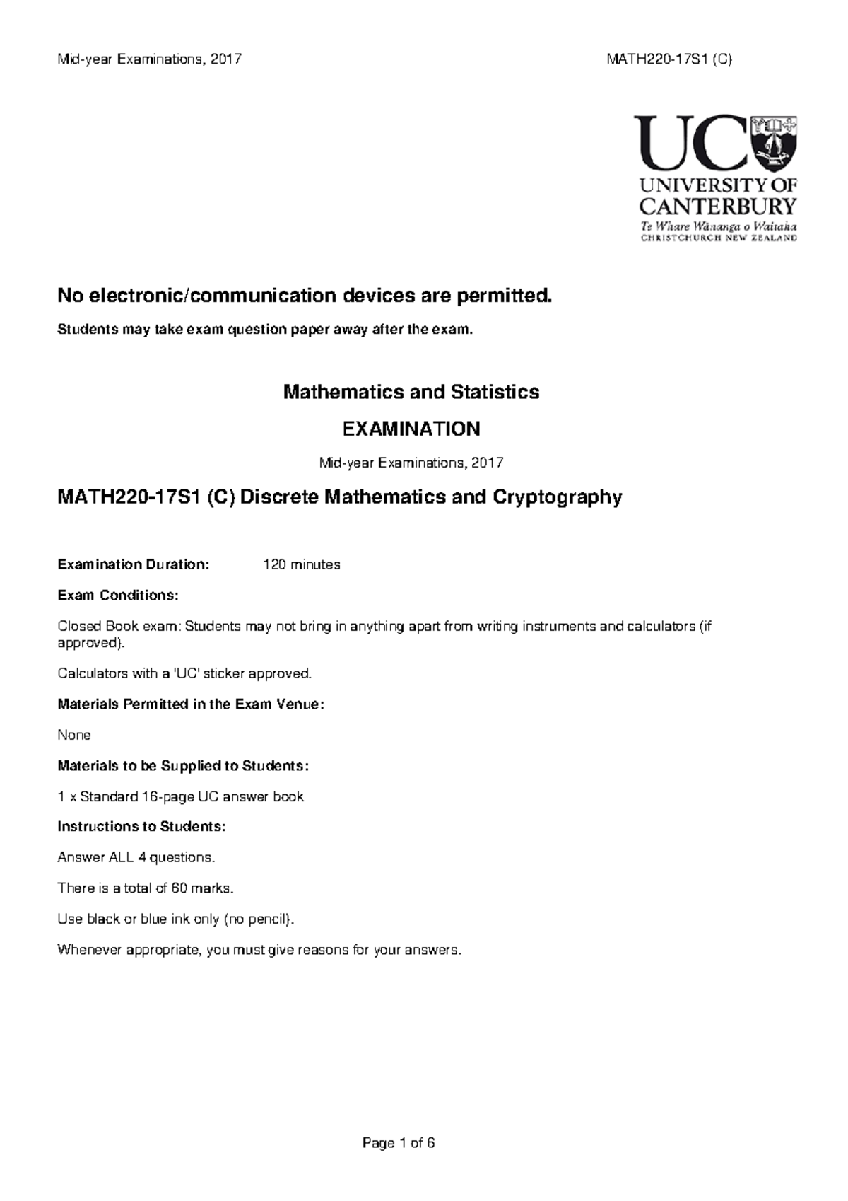 Math220 2017 past exam paper - Mid-year Examinations, 2017 MATH220-17S1 ...