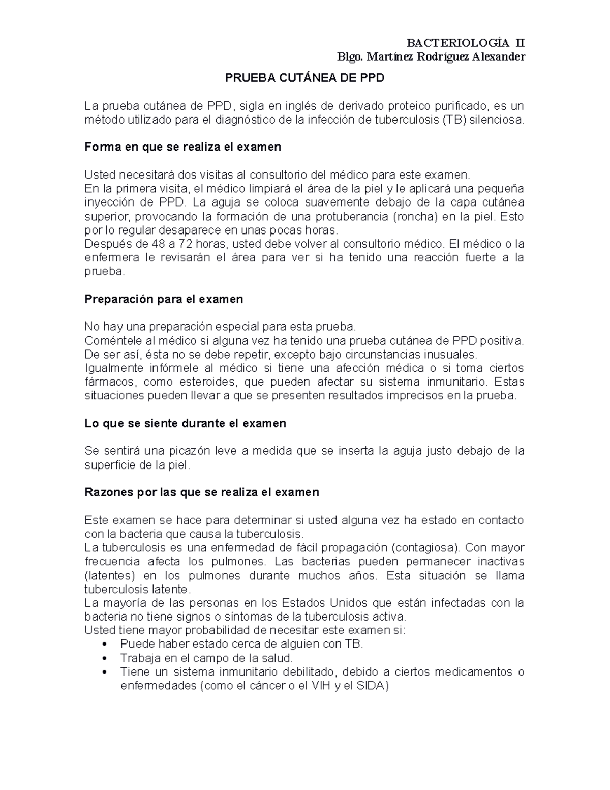 Prueba Cutánea DE PPD Bacteriologia - BACTERIOLOGÍA II Blgo. Martínez Rodríguez Alexander PRUEBA ...