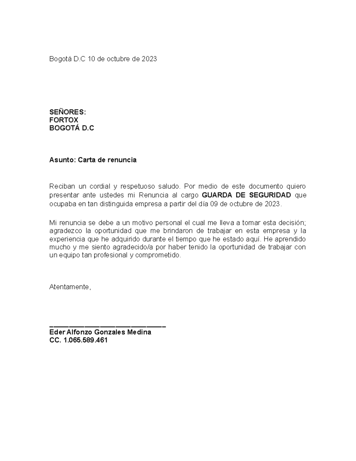 Carta DE Renucia - dasdasdasd - Bogotá D 10 de octubre de 2023 SEÑORES ...