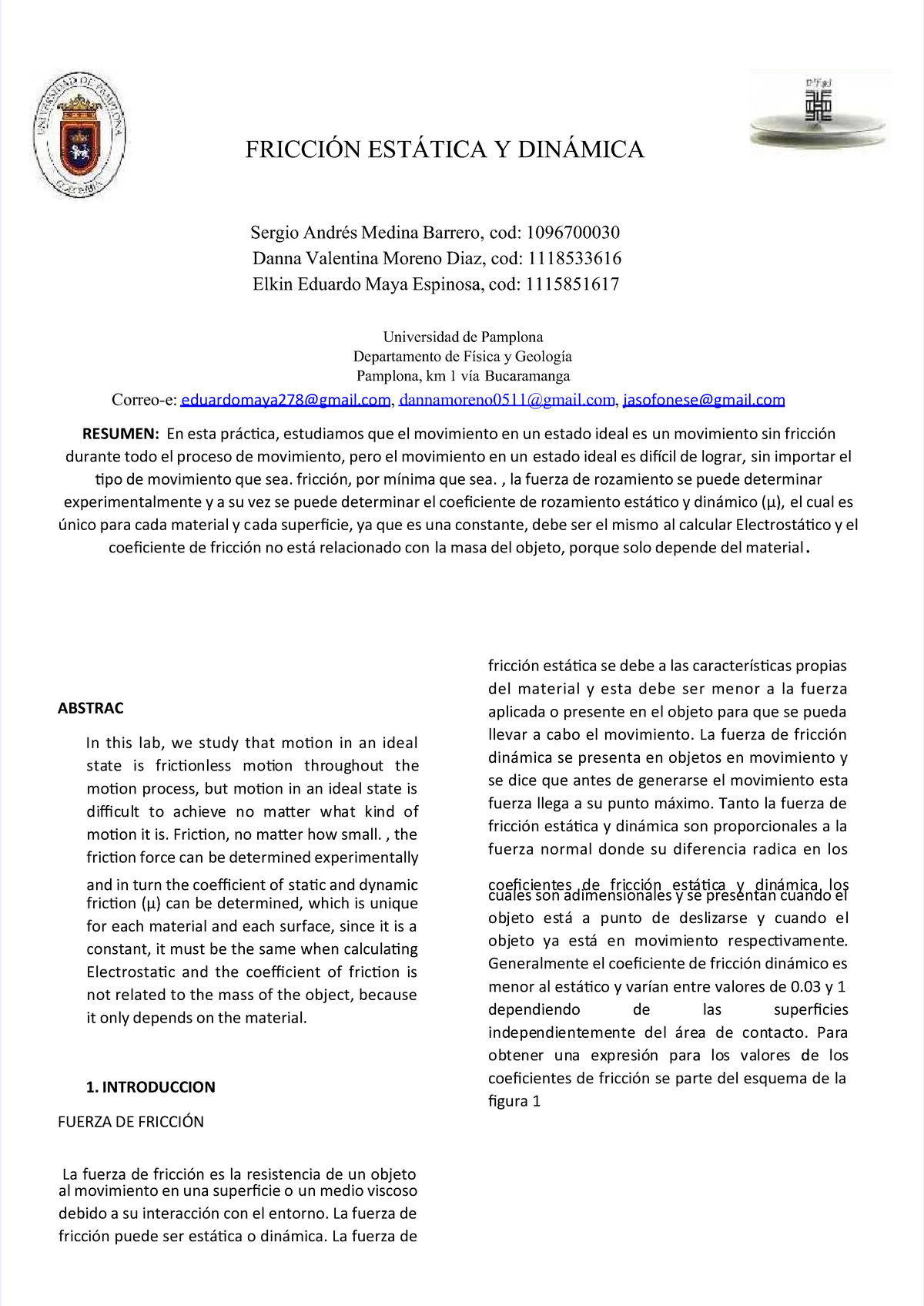 Pdf-informe-friccion-dinamica-y-estatica compress - FRICCIÓNFRICCIÓN ESTÁTICAESTÁTICA YY - Studocu