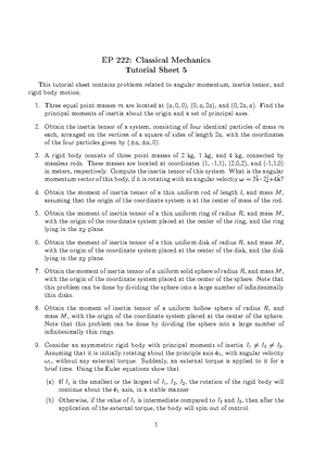 Cm ts 4 - Tutorial sheet shared by professor - EP 222: Classical Mechanics Tutorial Sheet 4 This ...