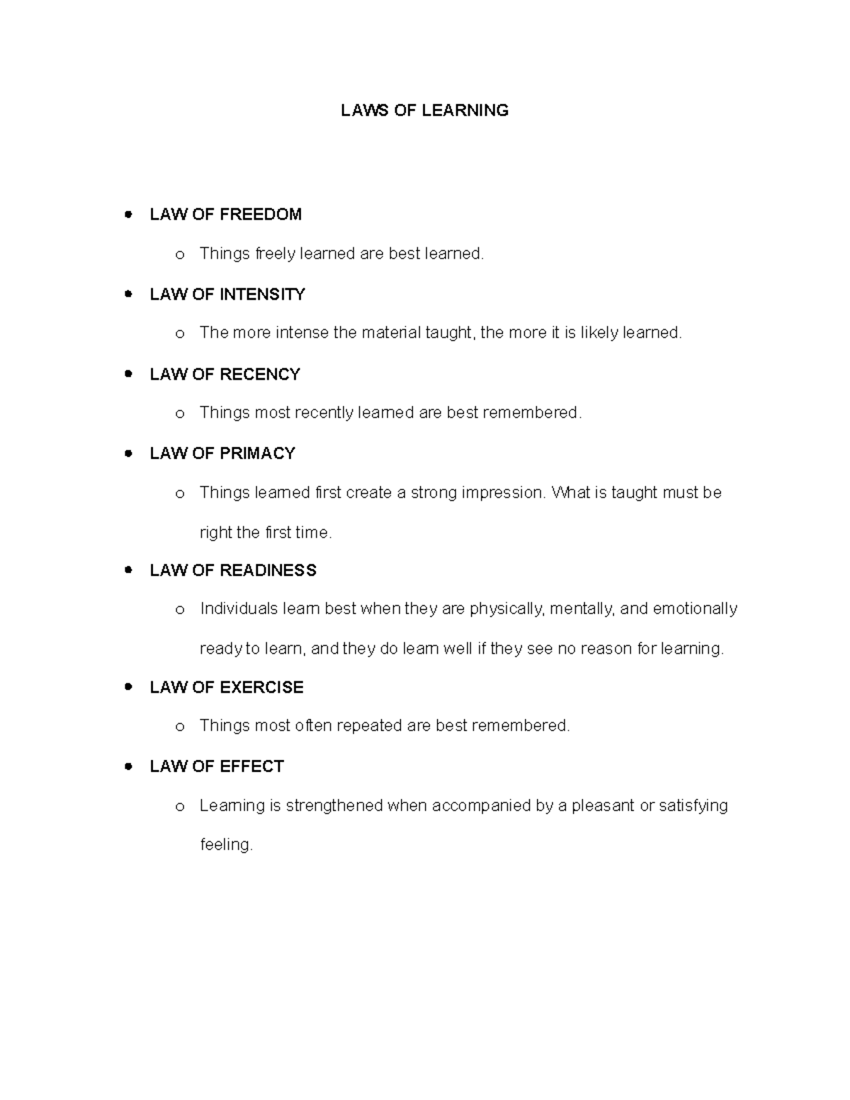 Laws Of Learning And Principles Of Learning - Education - Studocu