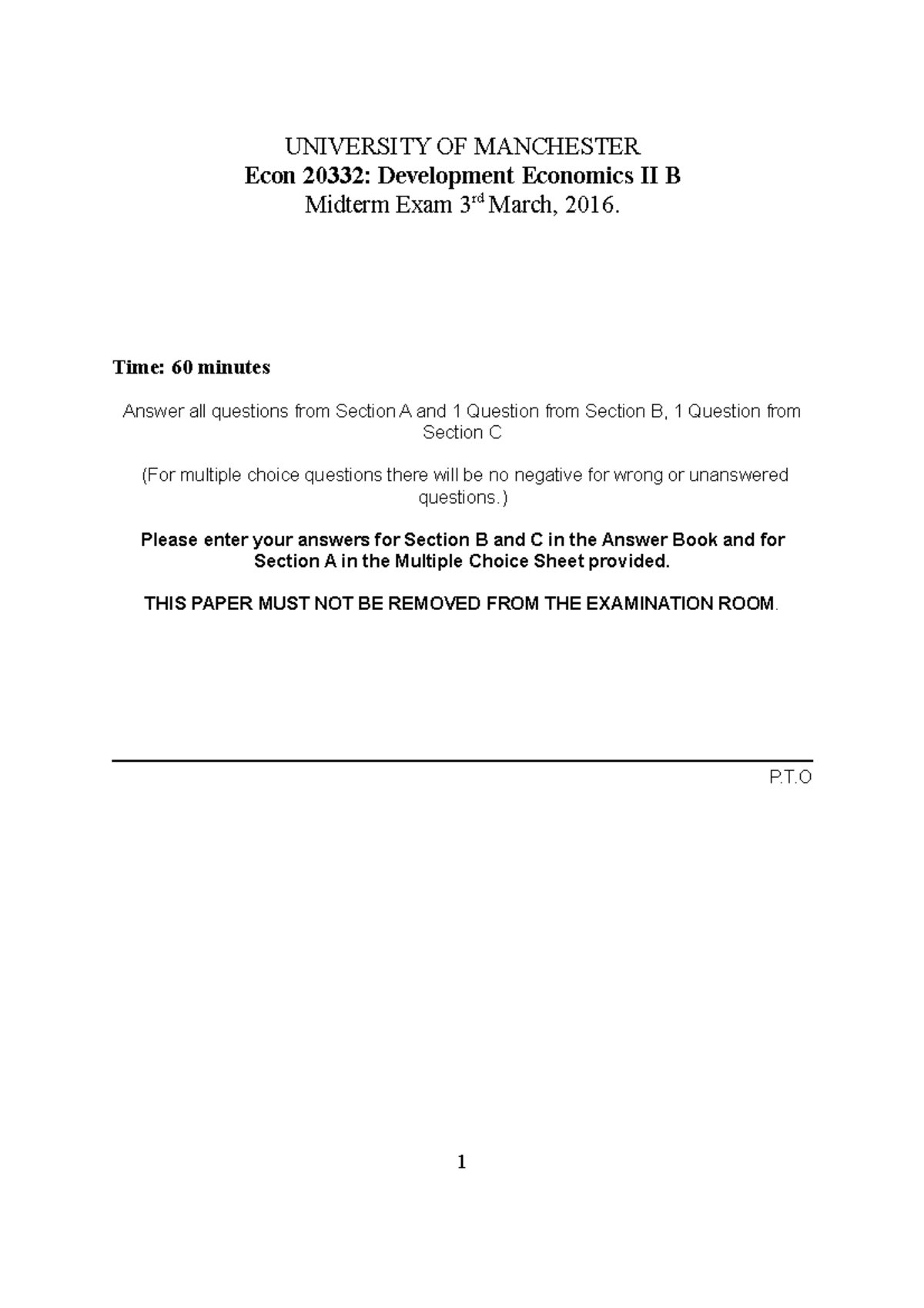 MIDTERM EXAM 2016, answers - UNIVERSITY OF MANCHESTER Econ 20332 ...