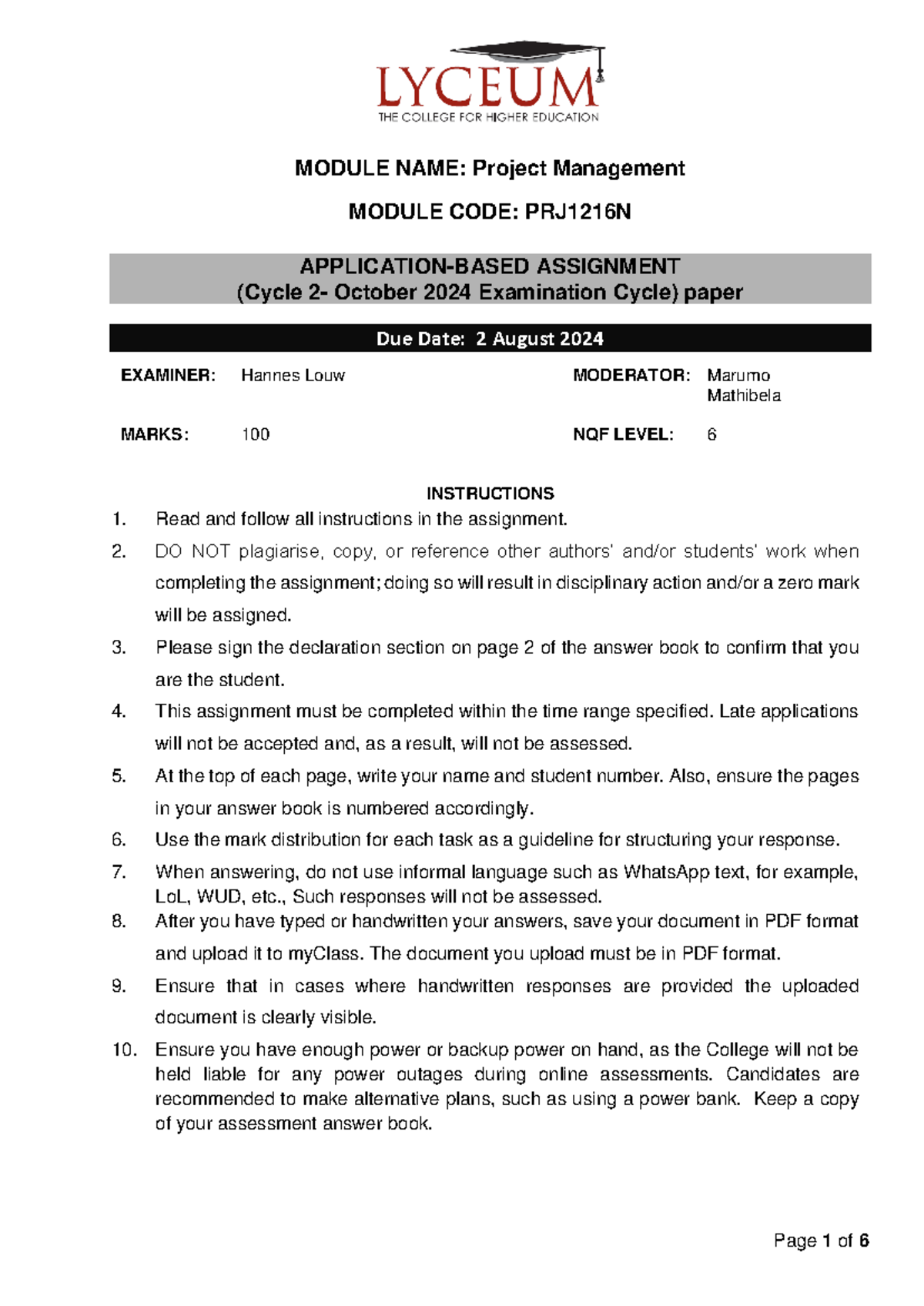 Criminal Justice Project Management PRJ1216N - MODULE NAME: Project Management MODULE CODE ...
