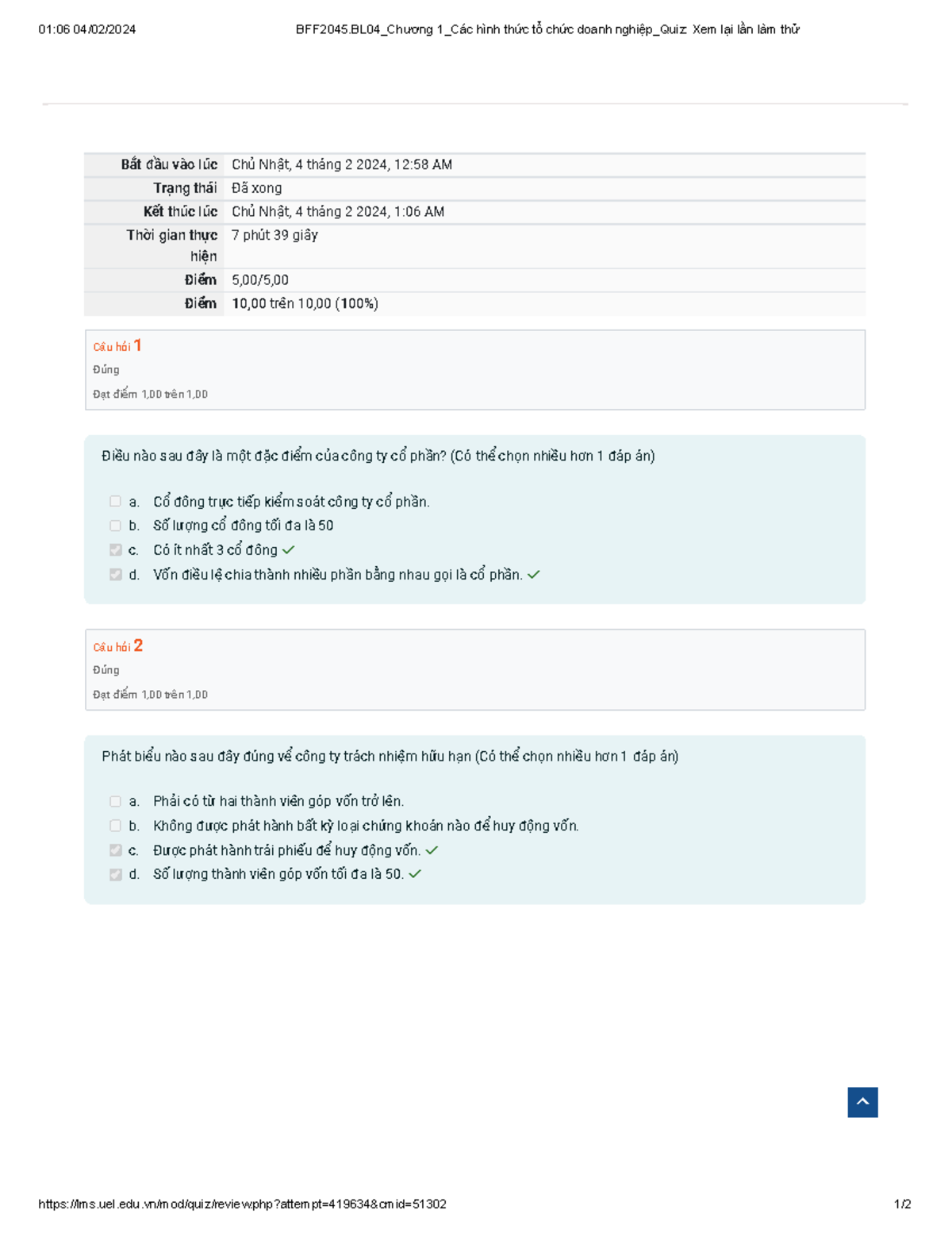 BFF2045.BL04 Chương 1 Các hình thức tổ chức doanh nghiệp Quiz Xem lại lần làm thử - - Studocu