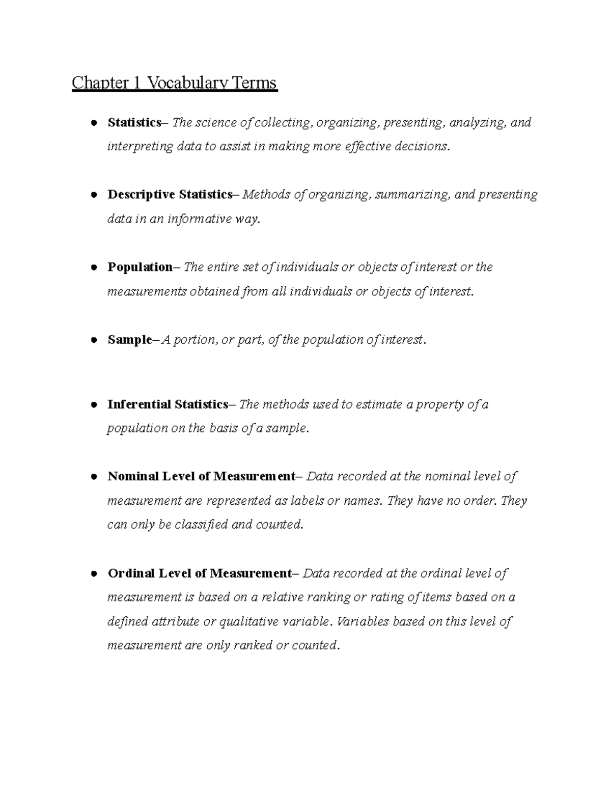 Chapter 1 Vocabulary Terms - Chapter 1 Vocabulary Terms Statistics– The ...