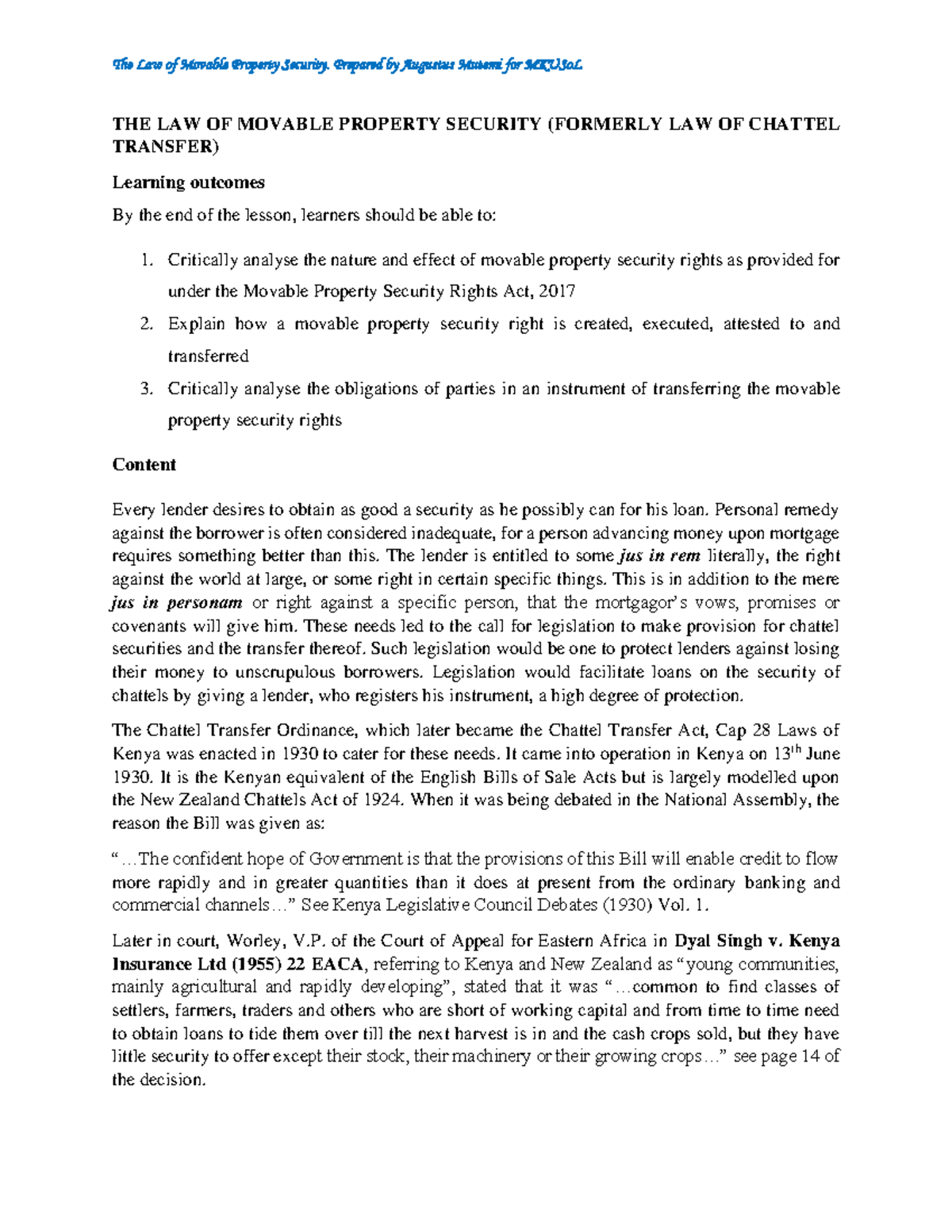 Topic 9 (Week 10)-The Law of Movable Property Security - THE LAW OF ...