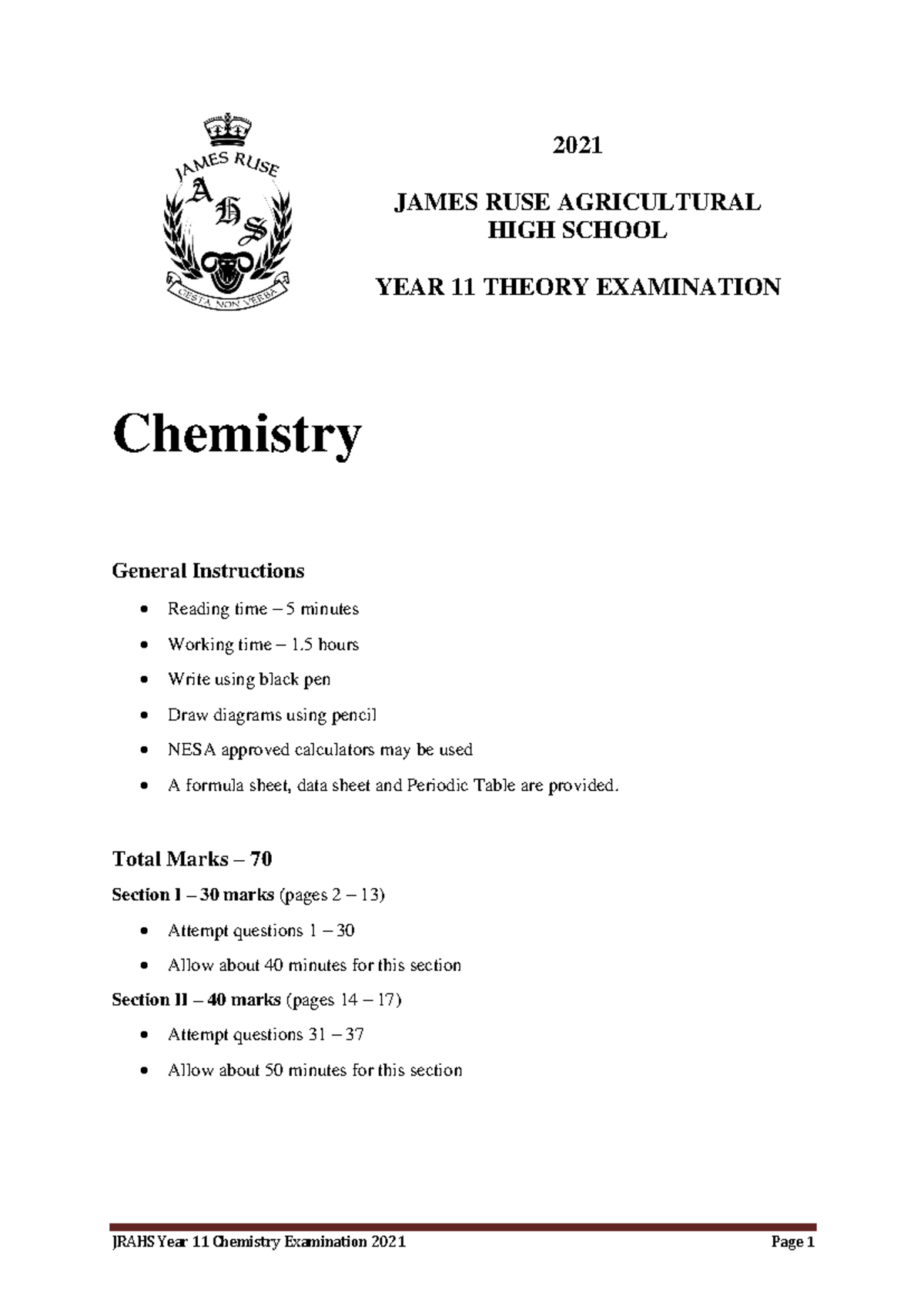 James Ruse 2021 Chemistry Prelim Yearly & Solutions - 2021 JAMES RUSE AGRICULTURAL HIGH SCHOOL ...