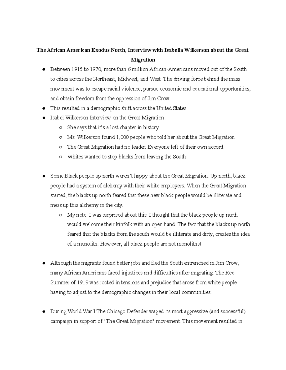 2 Page Notes- The African American Exodus North, Interview with ...