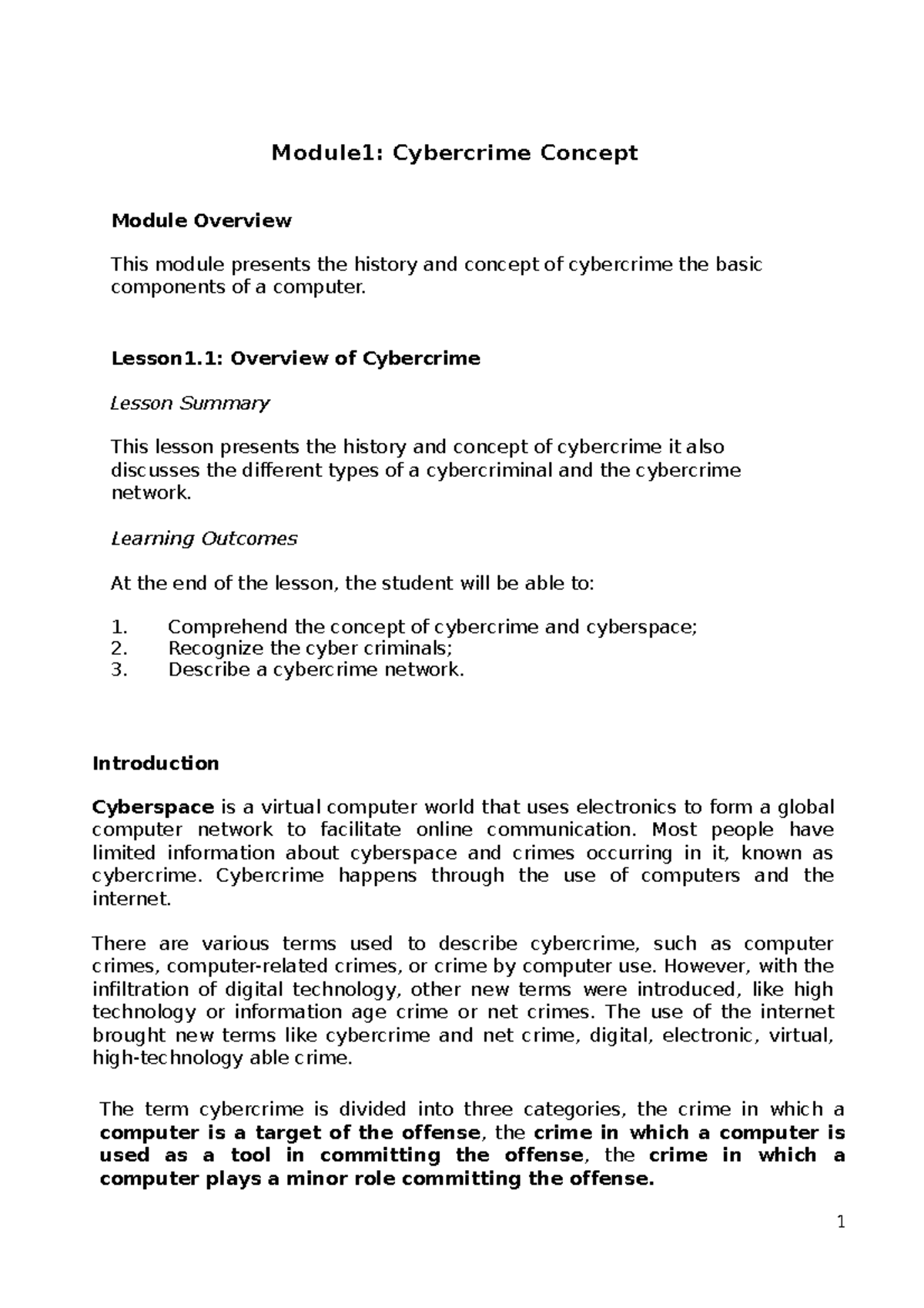Cybercrime Notes - Module1: Cybercrime Concept Module Overview This ...