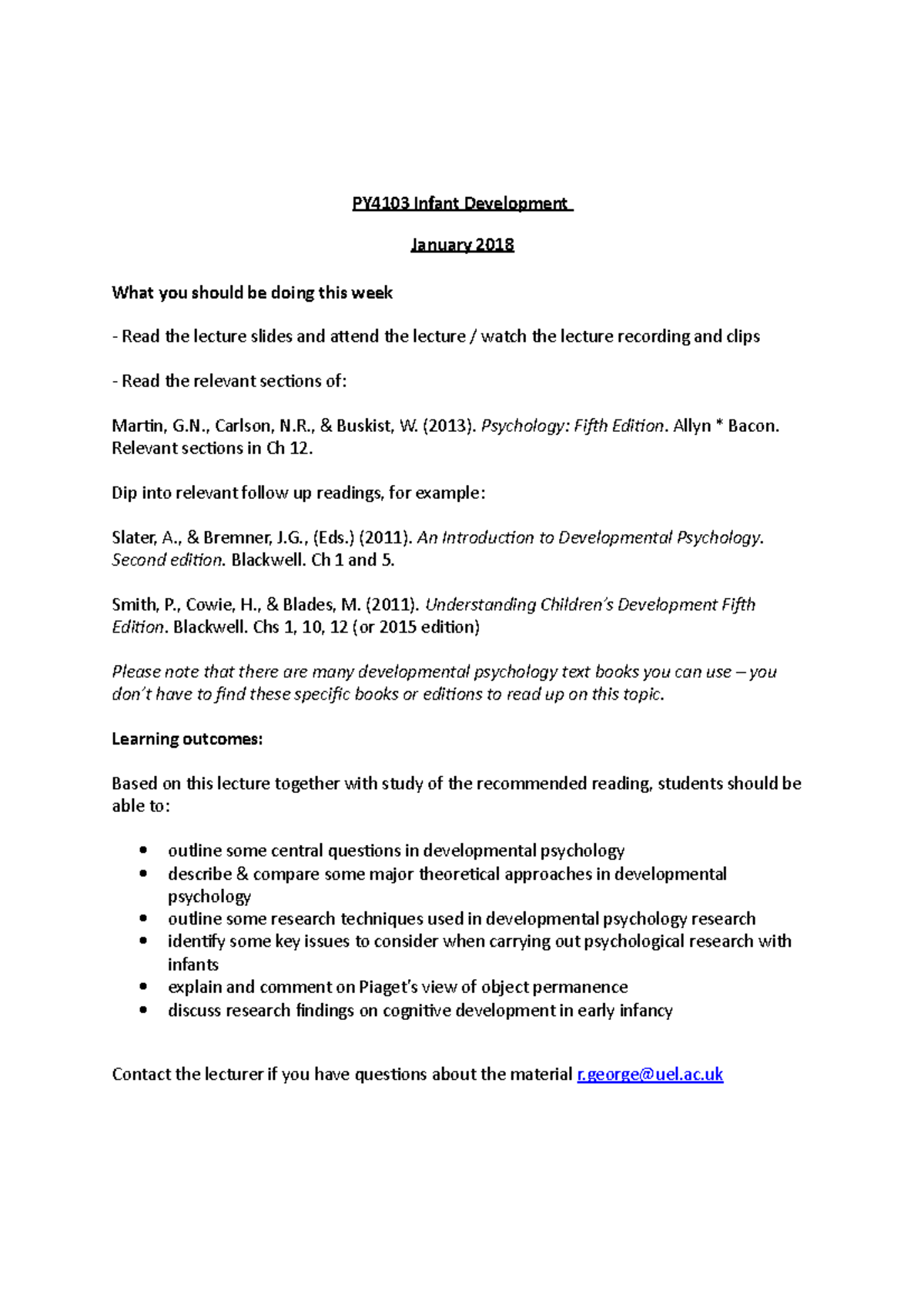L12 - Developmental Psychology Reccomendations - PY4103 Infant ...