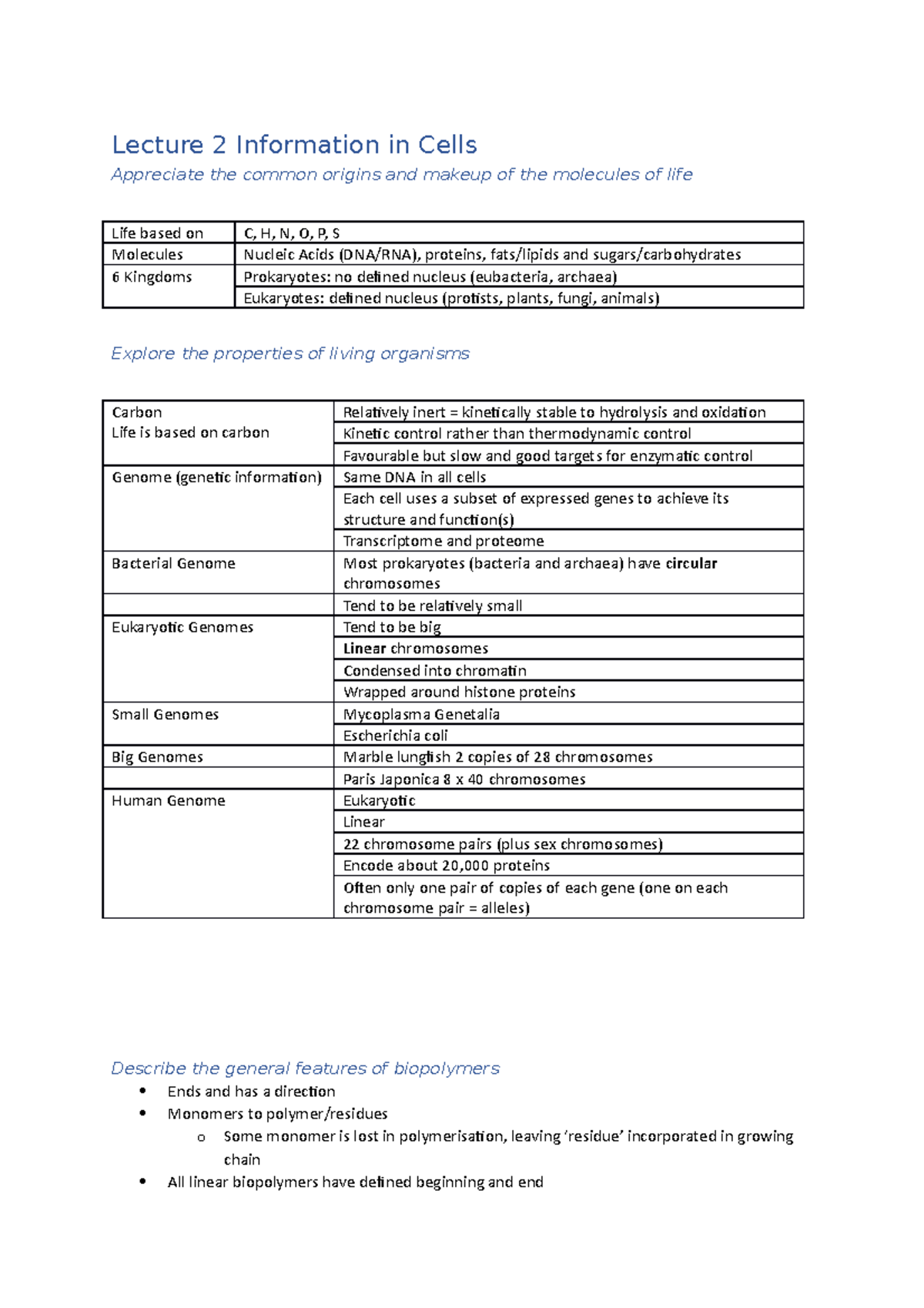 L2 Summary Information in Cells - Lecture 2 Information in Cells ...