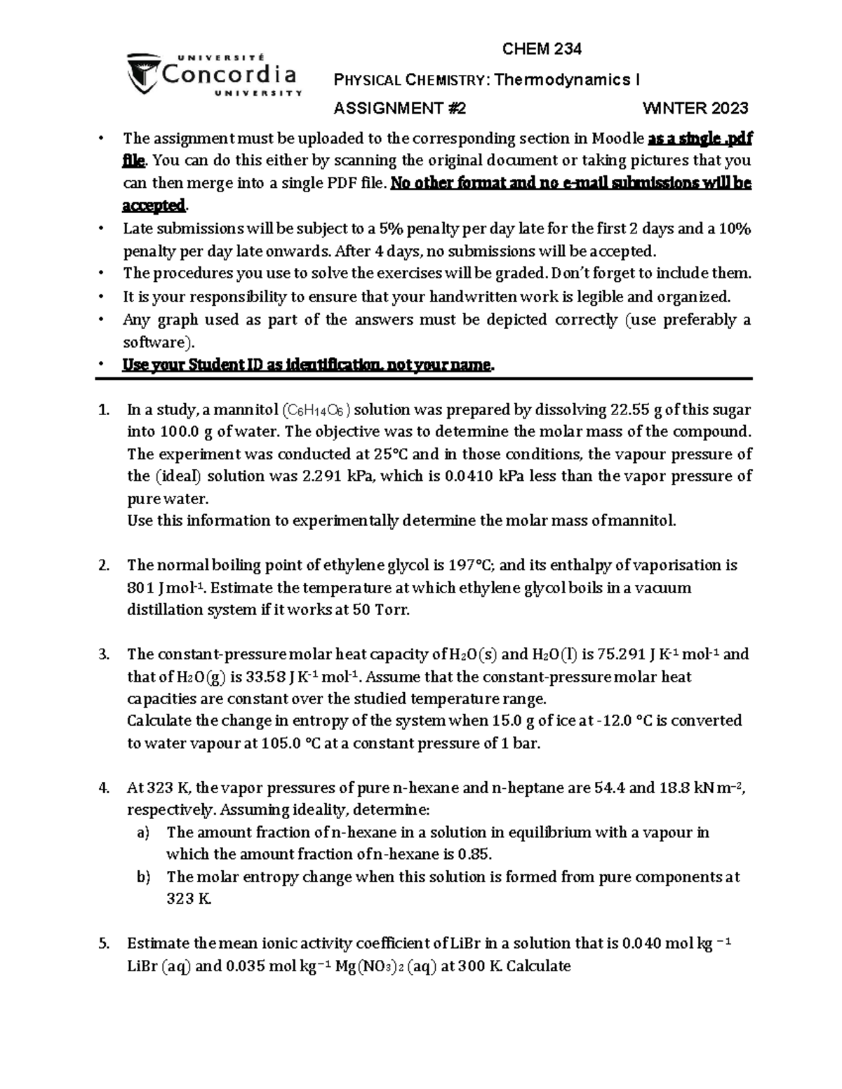 CHEM 234 Winter 2023 Assignment 2 - CHEM 234 PHYSICAL CHEMISTRY ...