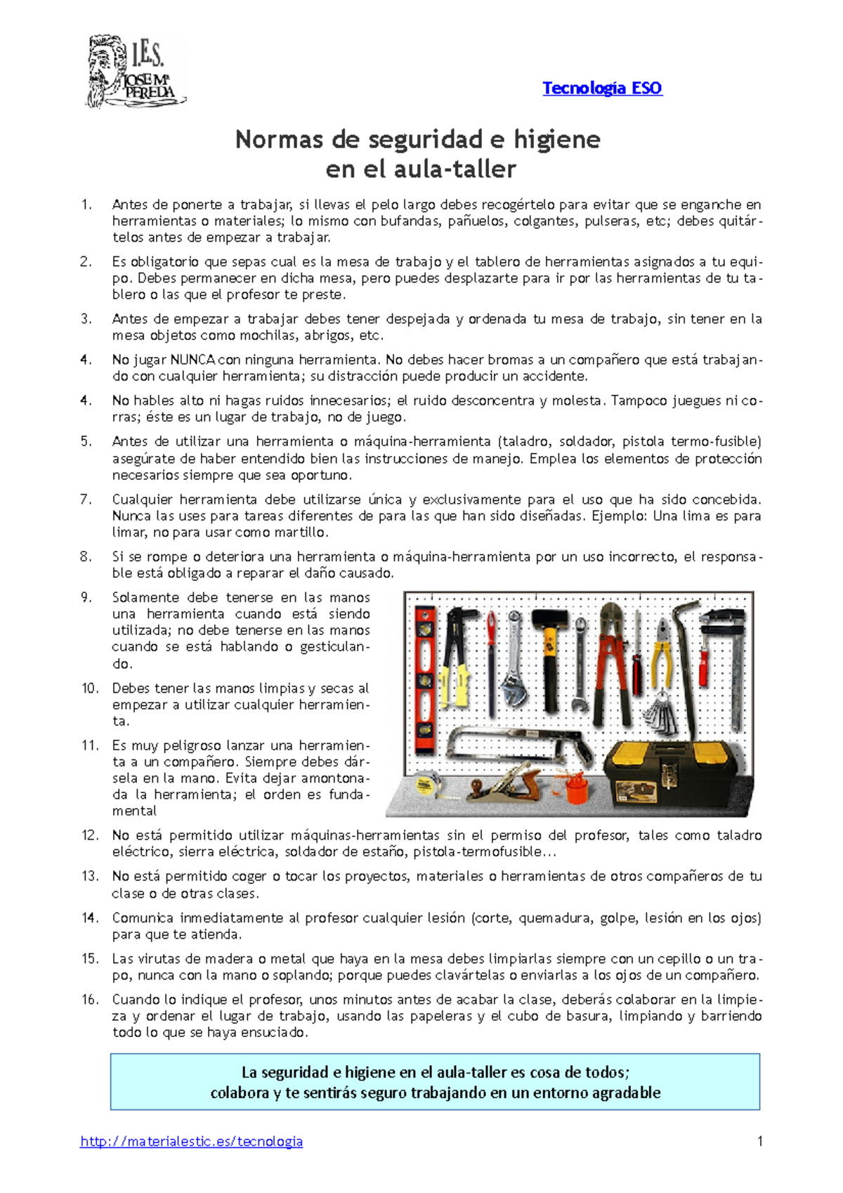 Normas de seguridad e higiene en el aula-taller - Tecnología ESO Normas ...