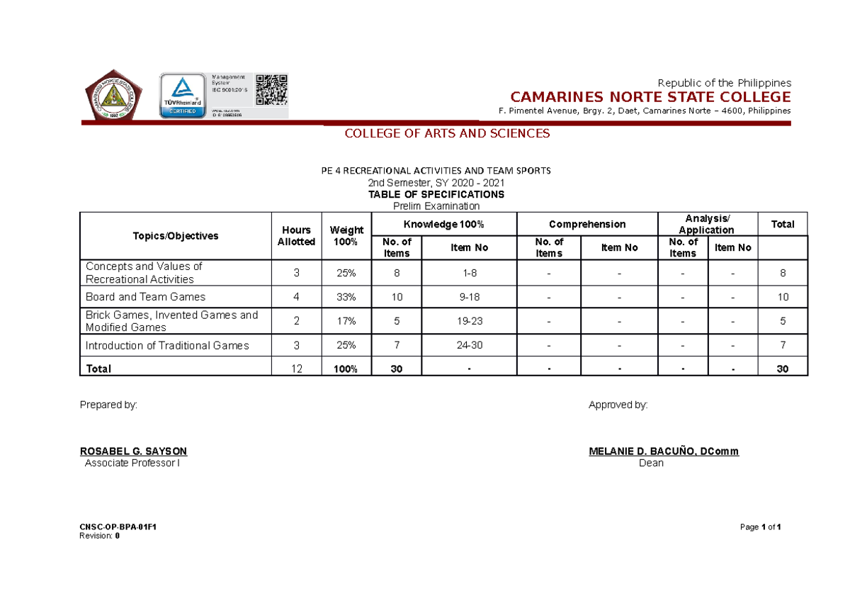 TOS PE 1 prelim 2020-2021 - PE 4 RECREATIONAL ACTIVITIES AND TEAM ...