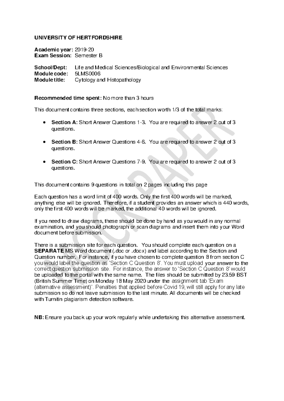 CH Mock Exam Paper 2020 Canvas - UNIVERSITY OF HERTFORDSHIRE Academic ...