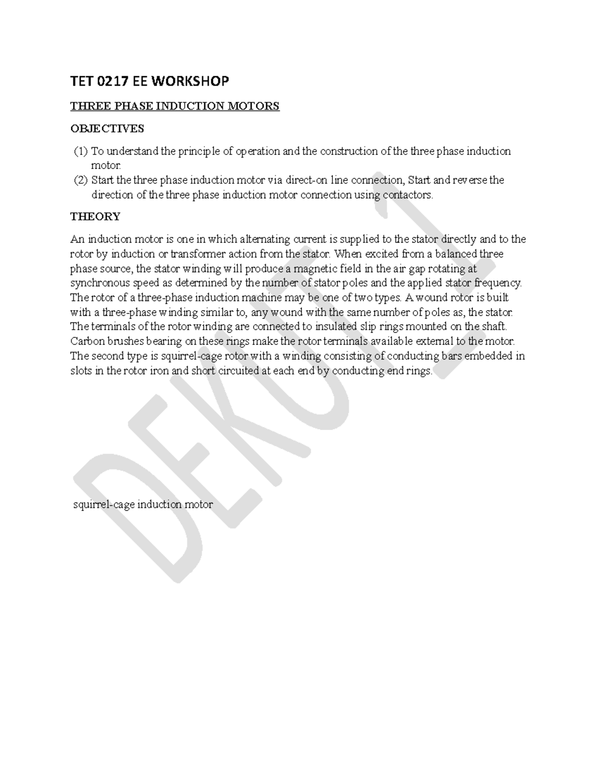 Three Phase Induction Motor starting methods - TET 0217 EE WORKSHOP ...