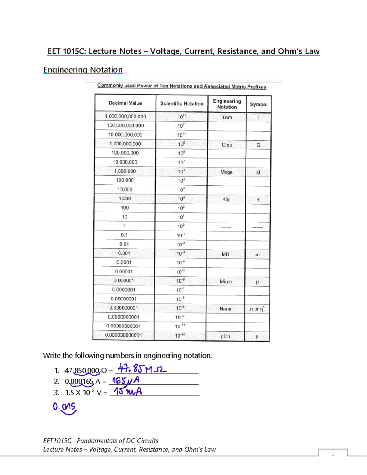 Eet 1015c Lecture Notes Voltage Current Resistance And Ohms Law Eet1015c Fundamentals