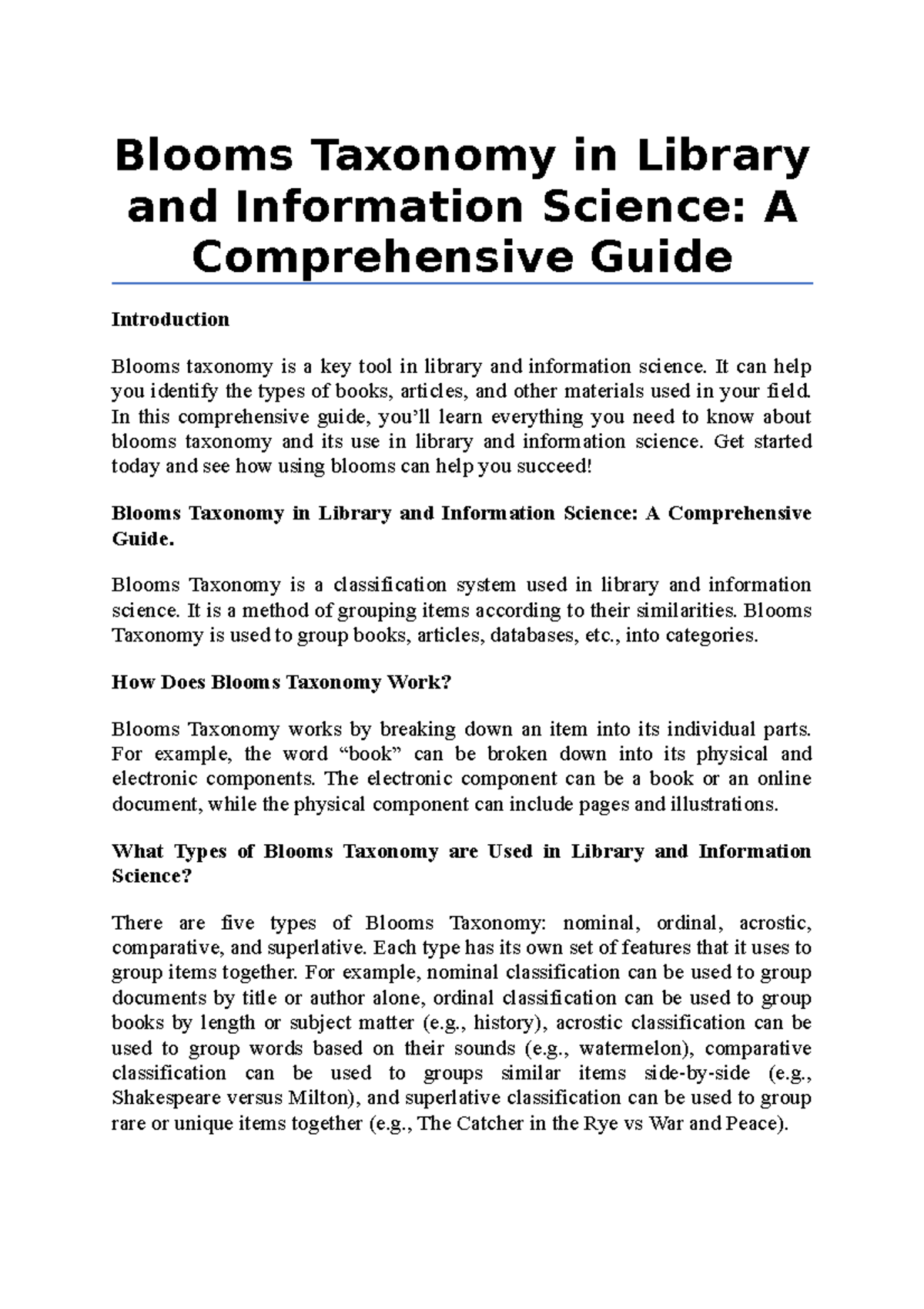 Blooms Taxonomy in Library and Information Science: A Comprehensive ...