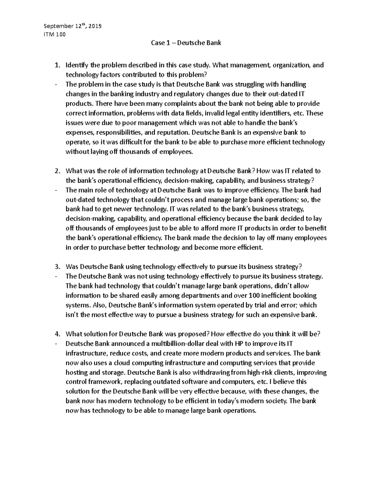 ITM 100 Case Study 1 - Deutsche Bank - September 12th, 2019 ITM 100 ...