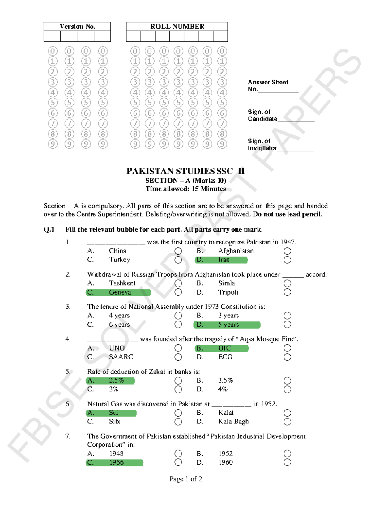 Class 10 Pakistan Studies Model Paper 1 Solution - Version No. ⓪ ⓪ ⓪ ⓪ ① ① ① ① ② ② ② ② ③ ③ ③ ③ ④ ...