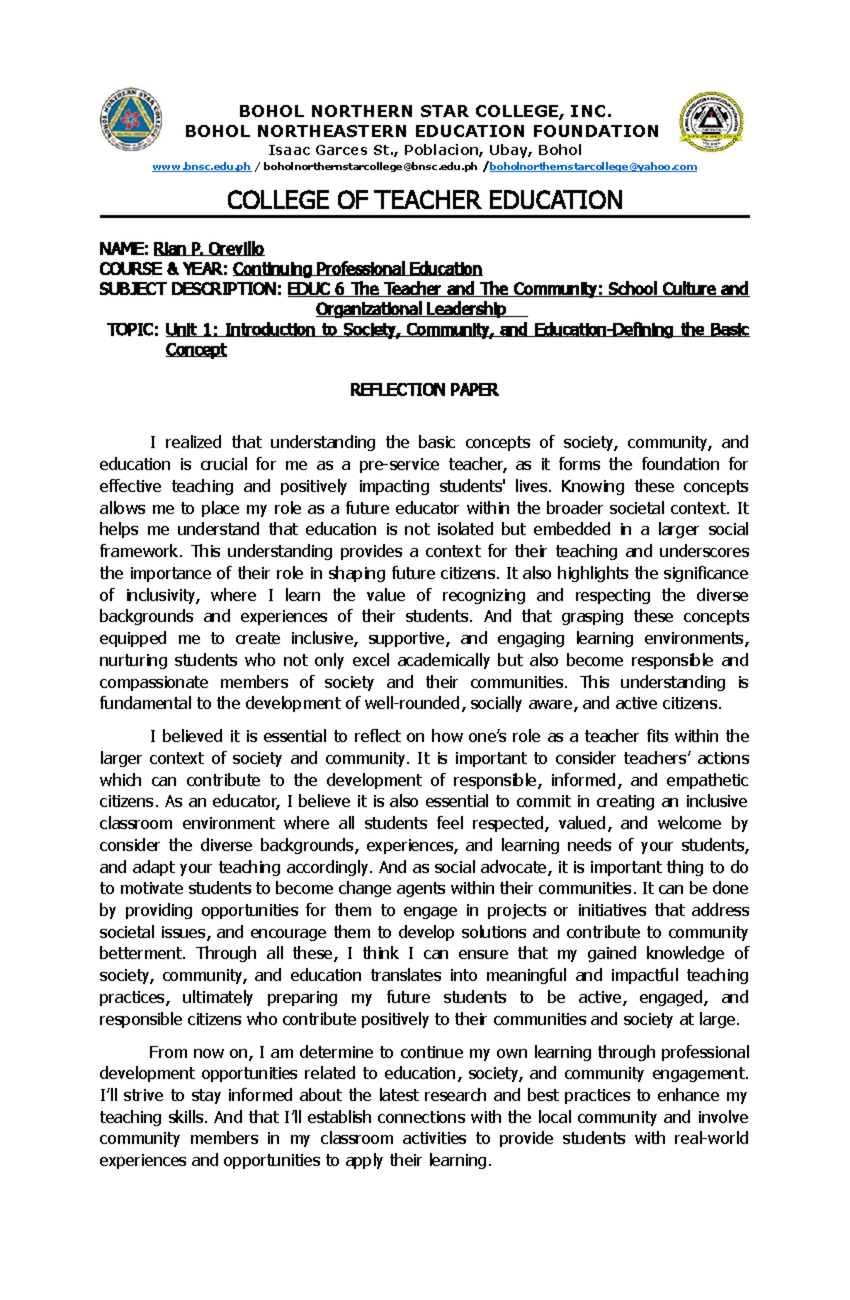 EDUC 6 reflection paper unit 1 - BOHOL NORTHERN STAR COLLEGE, INC ...