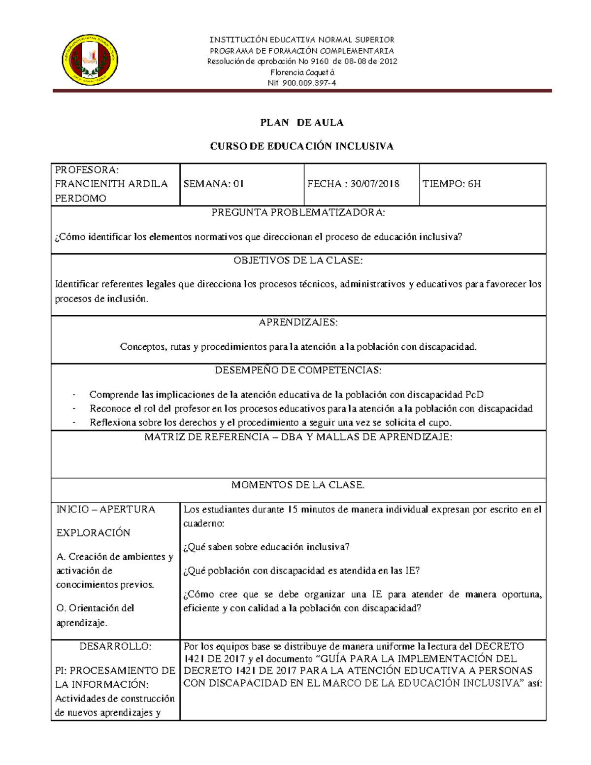 Plan de aula Inclusion Y MEF Iiisem - ResoluciÛn de aprobaciÛn No 9160 de 08-08 de 2012Florencia ...