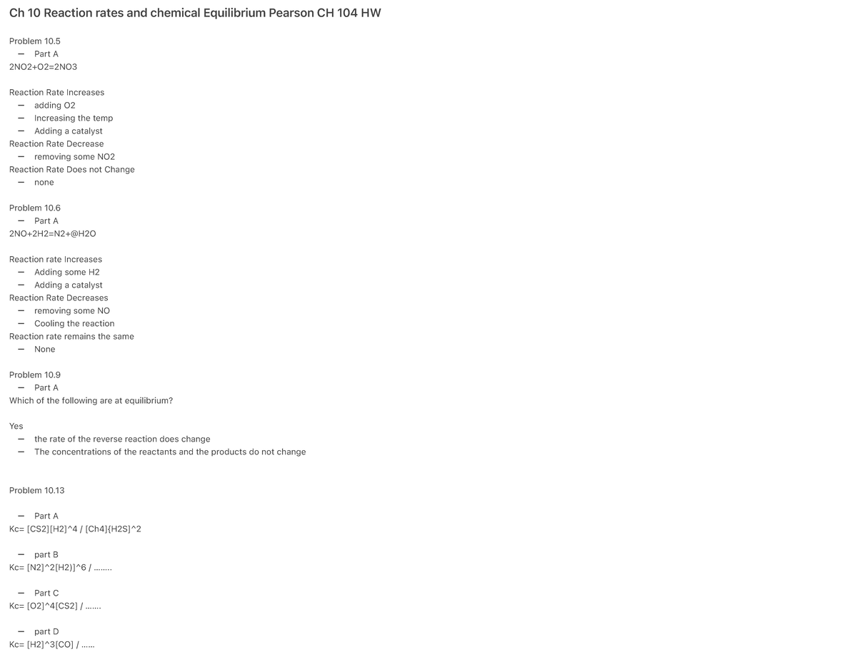 Ch 10 Reaction rates and chemical Equilibrium Pearson CH 104 HW - Part ...