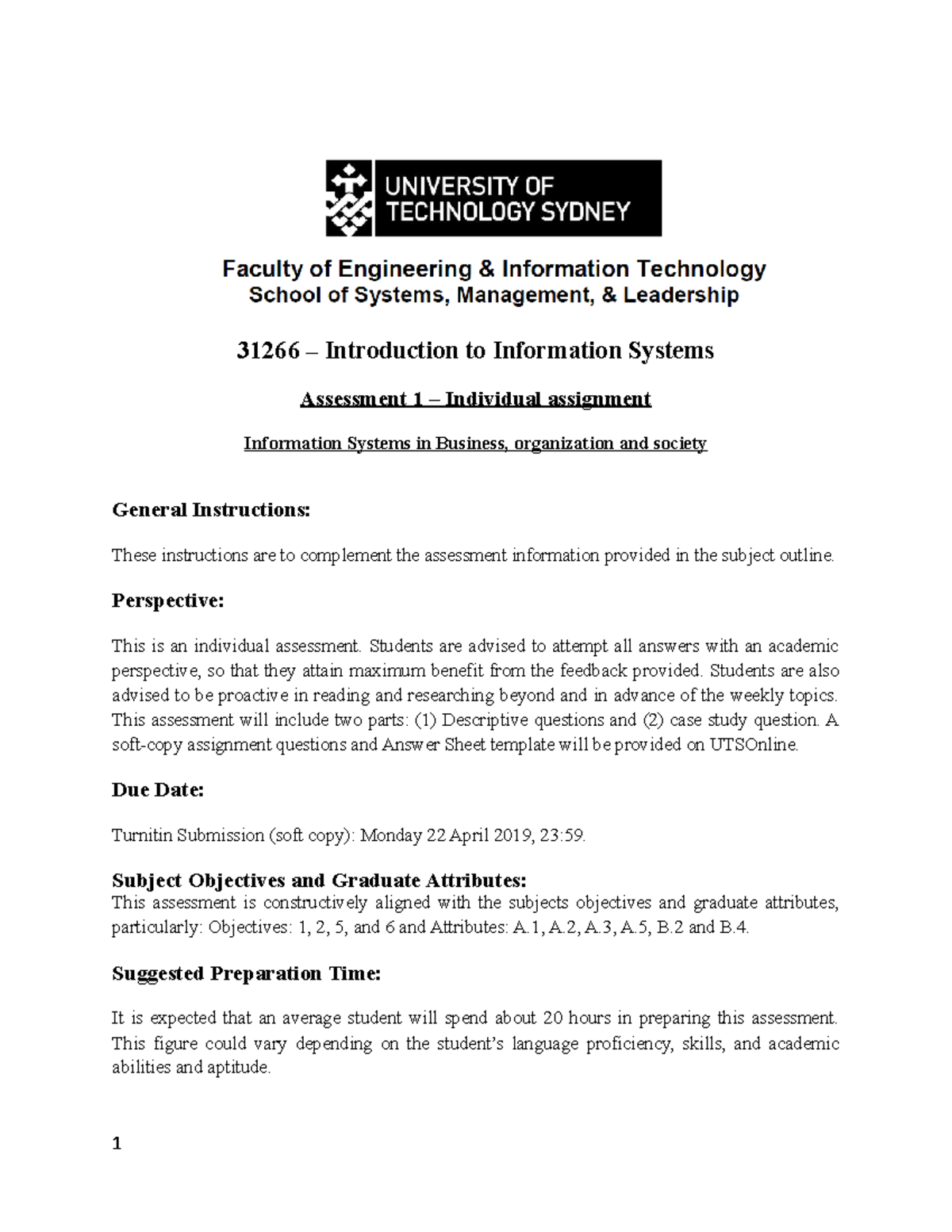 31266 Assignment 1 Guideline - 31266 – Introduction to Information Systems Assessment 1 ...